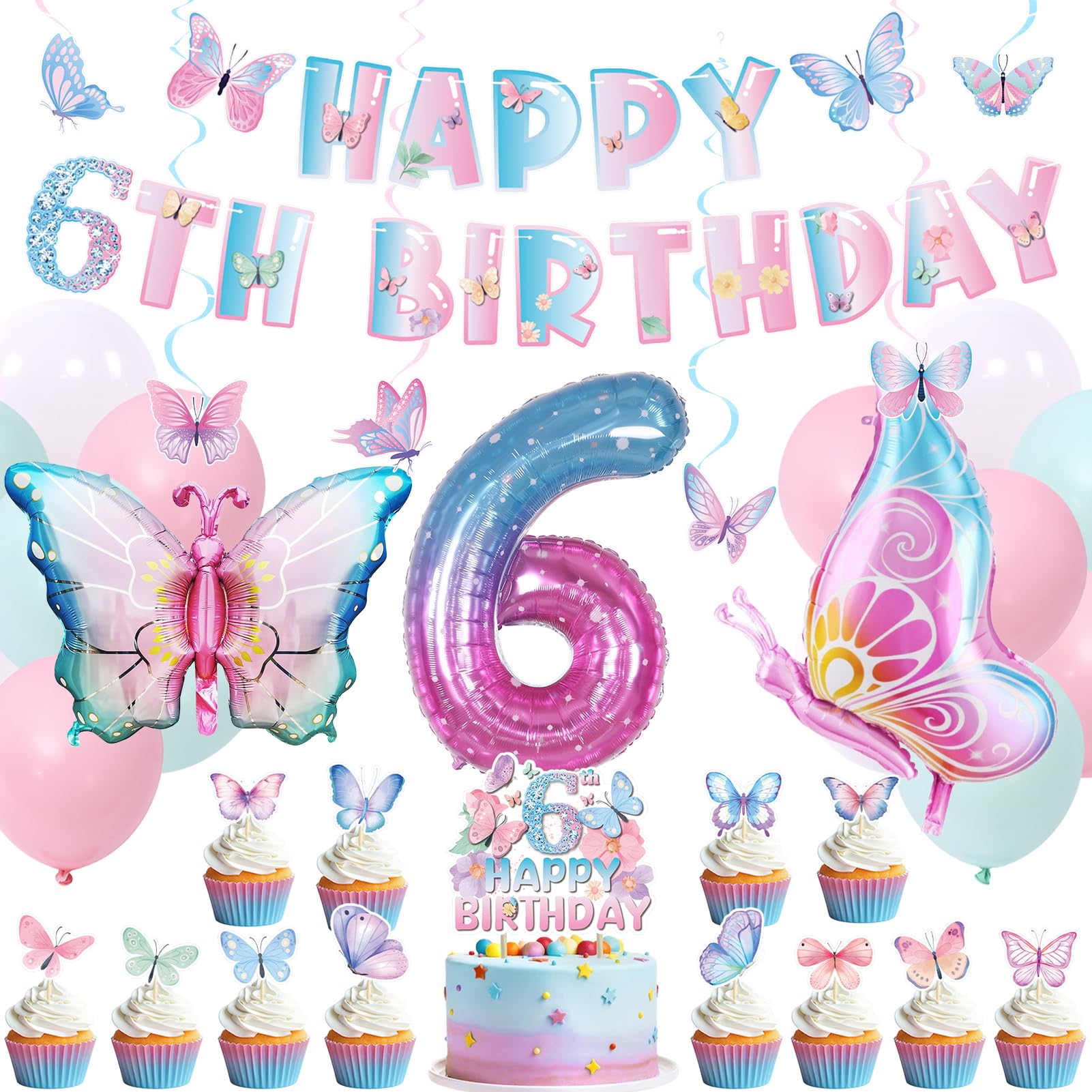 Amazon.com: Roetyce 6th Birthday Decorations for Girls, Butterfly 6th ...
