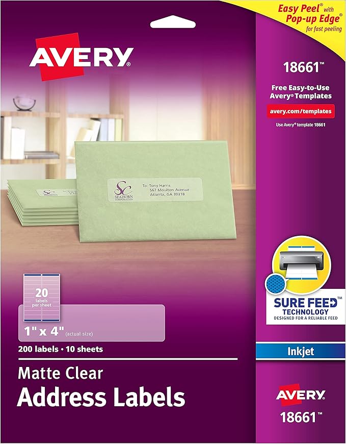 Amazon Avery 18661 Matte Clear Easy Peel Address Labels Inkjet 1 X 4 200 Pack Office amazon-avery-18661-matte-clear-easy-peel-address-labels-inkjet-1-x-4-200-pack-office