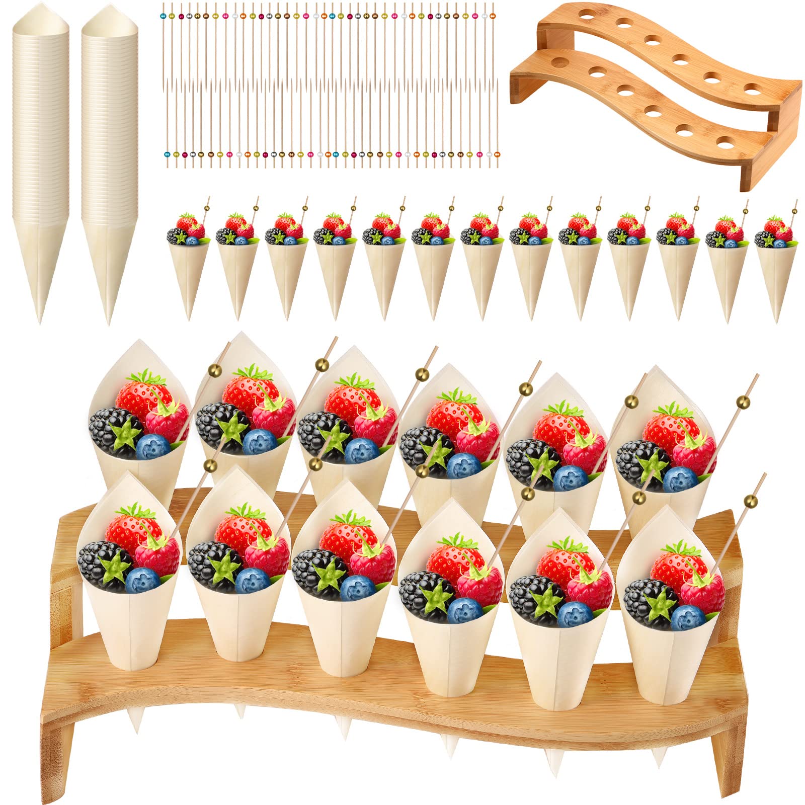 Potchen 150 Pcs Disposable Wood Cones Wooden Food Cones with 12 Holes ...