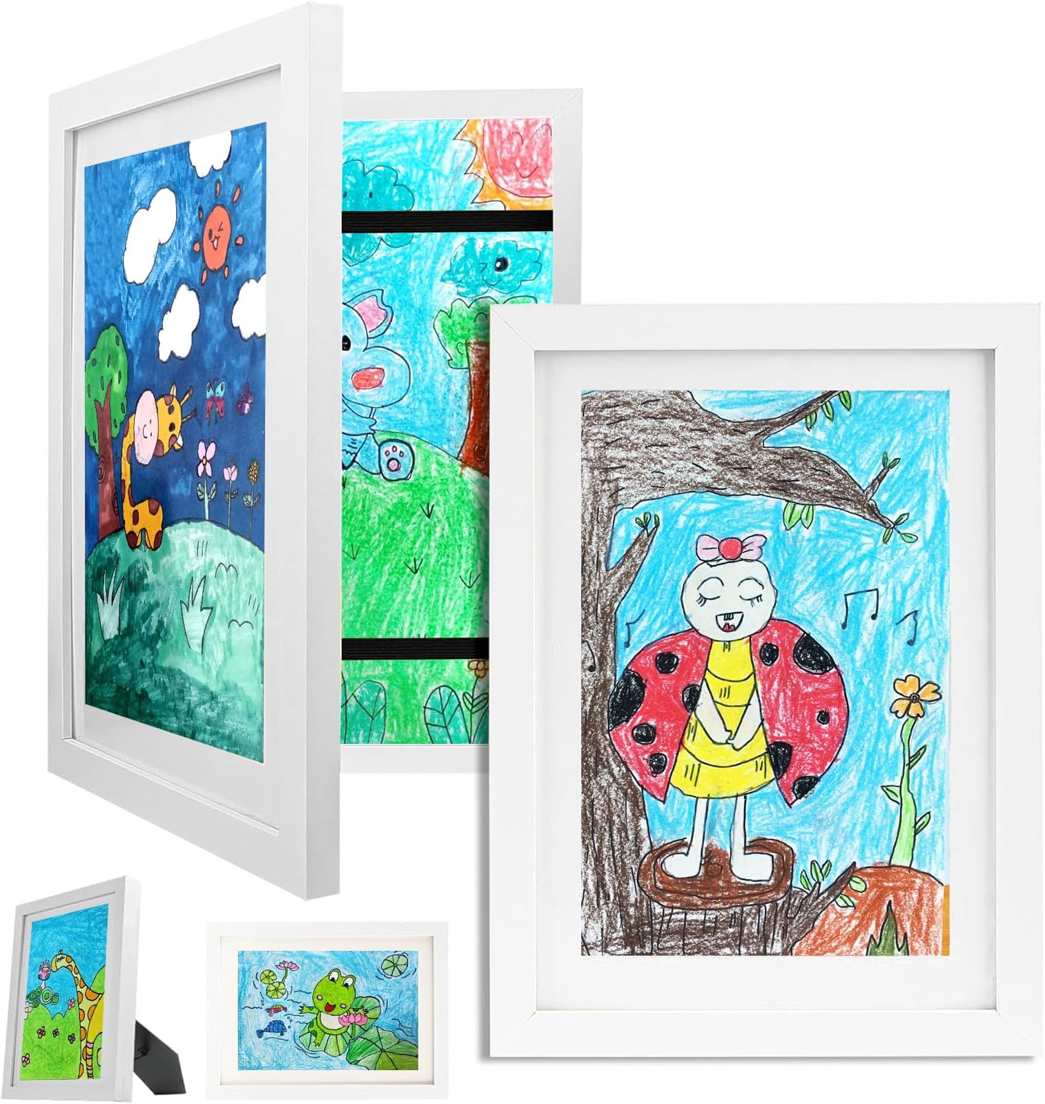 Kids Art Frame, White A4 Artwork Frames Changeable Display, Front Opening Picture Frame with ...