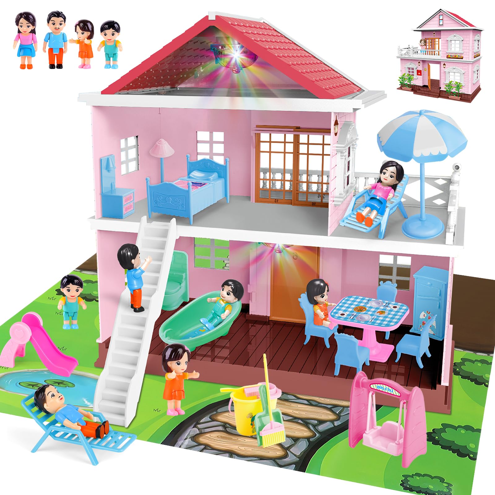 Amazon.com: deAO Dollhouse for Girls,2-Story Doll House with 4 Dolls ...