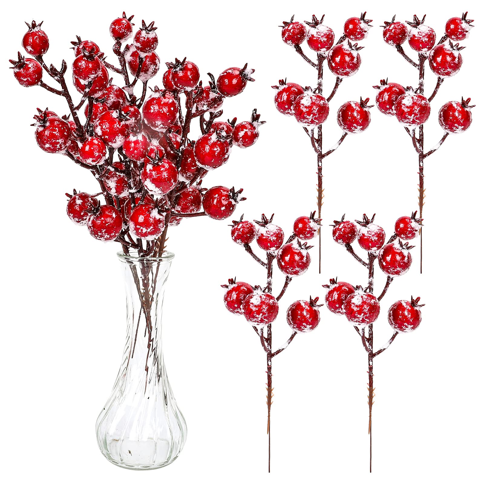 AnyDesign 12 Pack Artificial Red Berry Picks Christmas Frosted Large ...