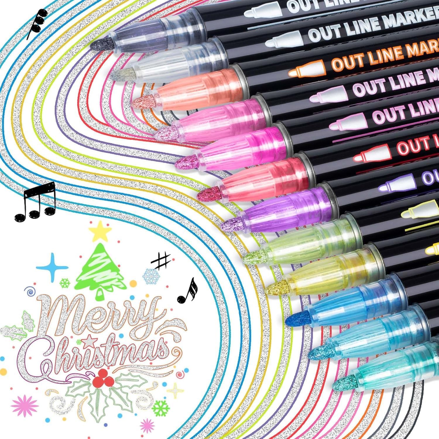 iaHOME Glitter Pens Outline Pens, 12 Double Line Outline Pens Metallic ...