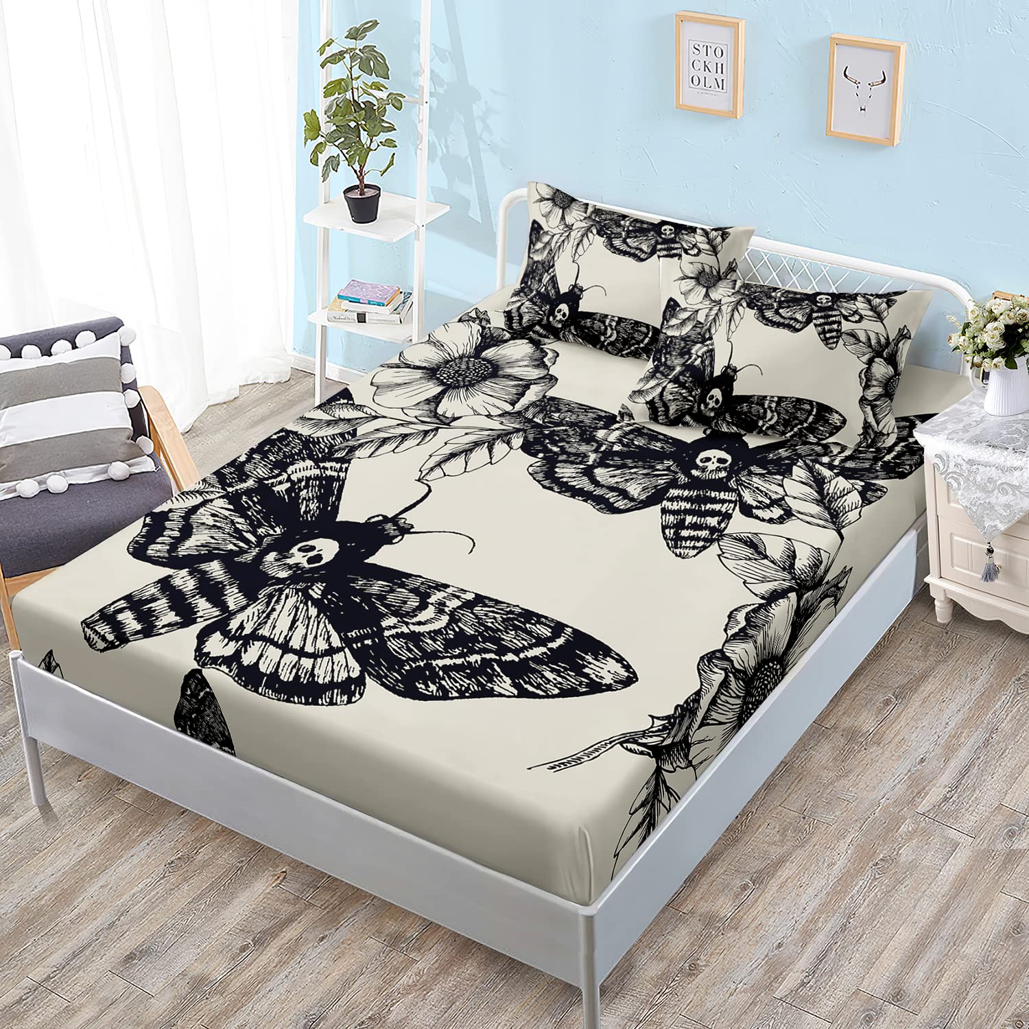 HOSIMA Death Moth Bedding Set for Girls Teen Boy Skull Decor Fitted ...
