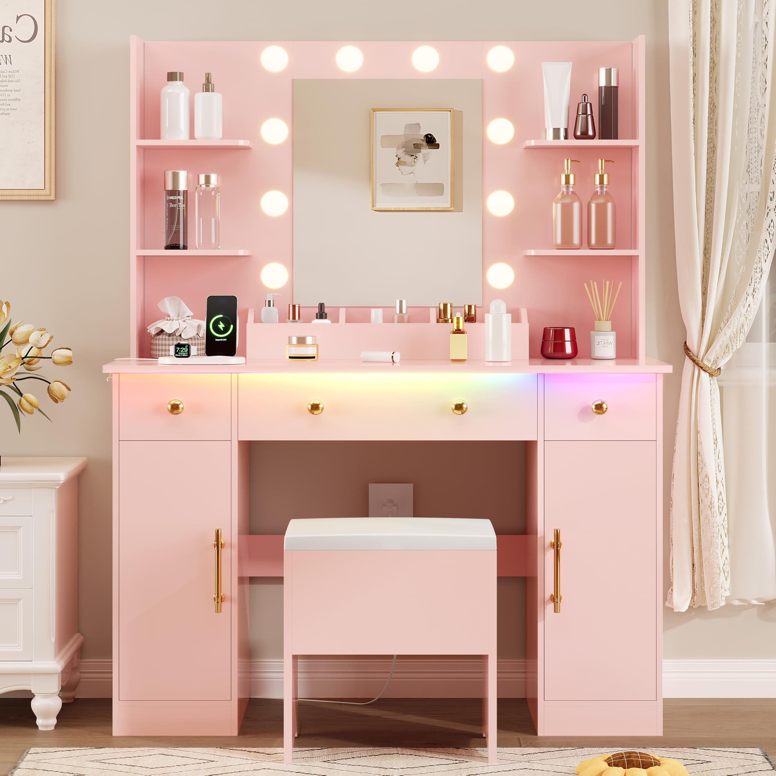 Amazon.com: SOOWERY Vanity Desk with Lights and Mirror, Pink Vanity ...