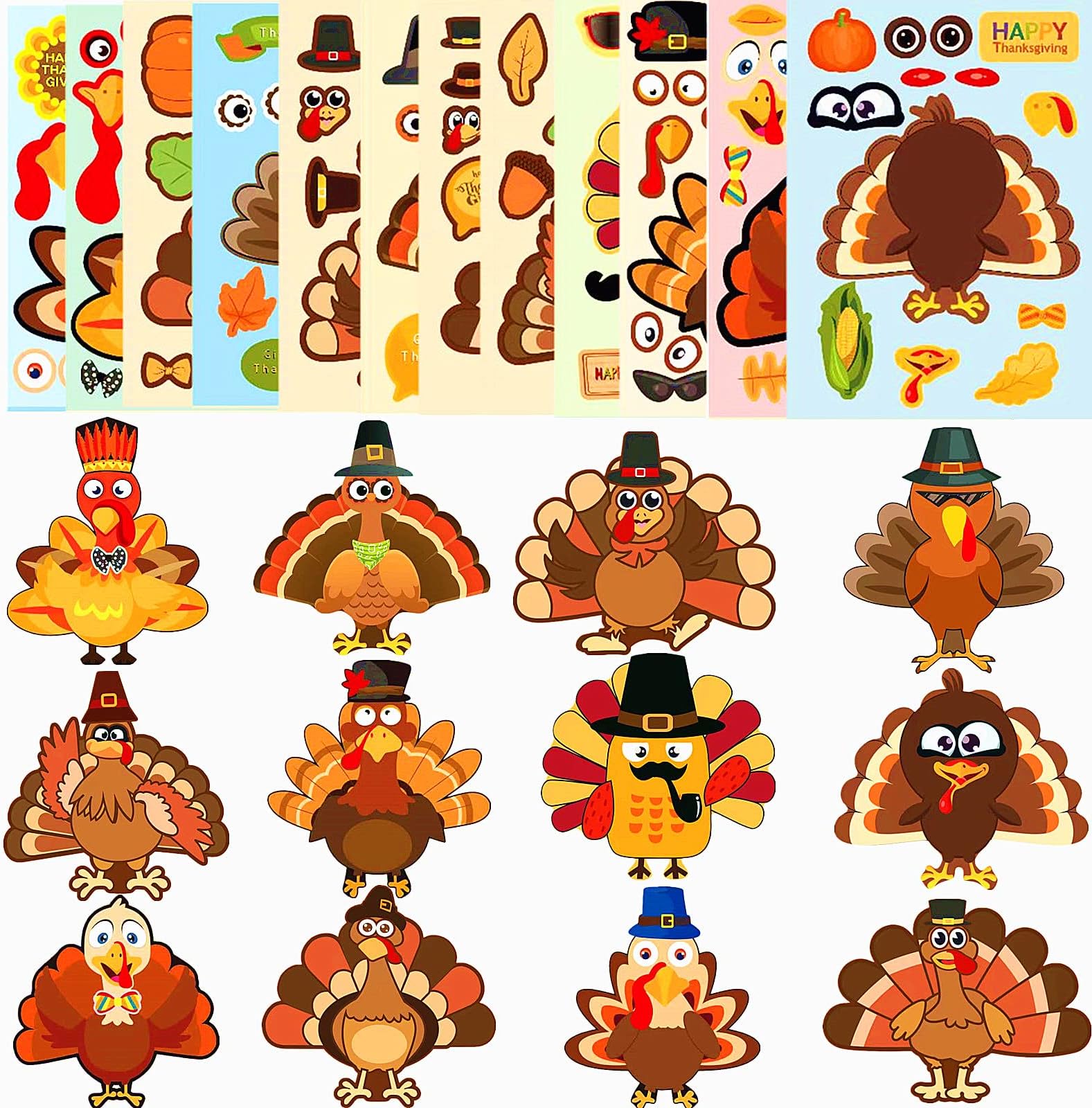 Amazon.com: 36 Sheets Thanksgiving Make-A-Turkey Stickers, Thanksgiving ...