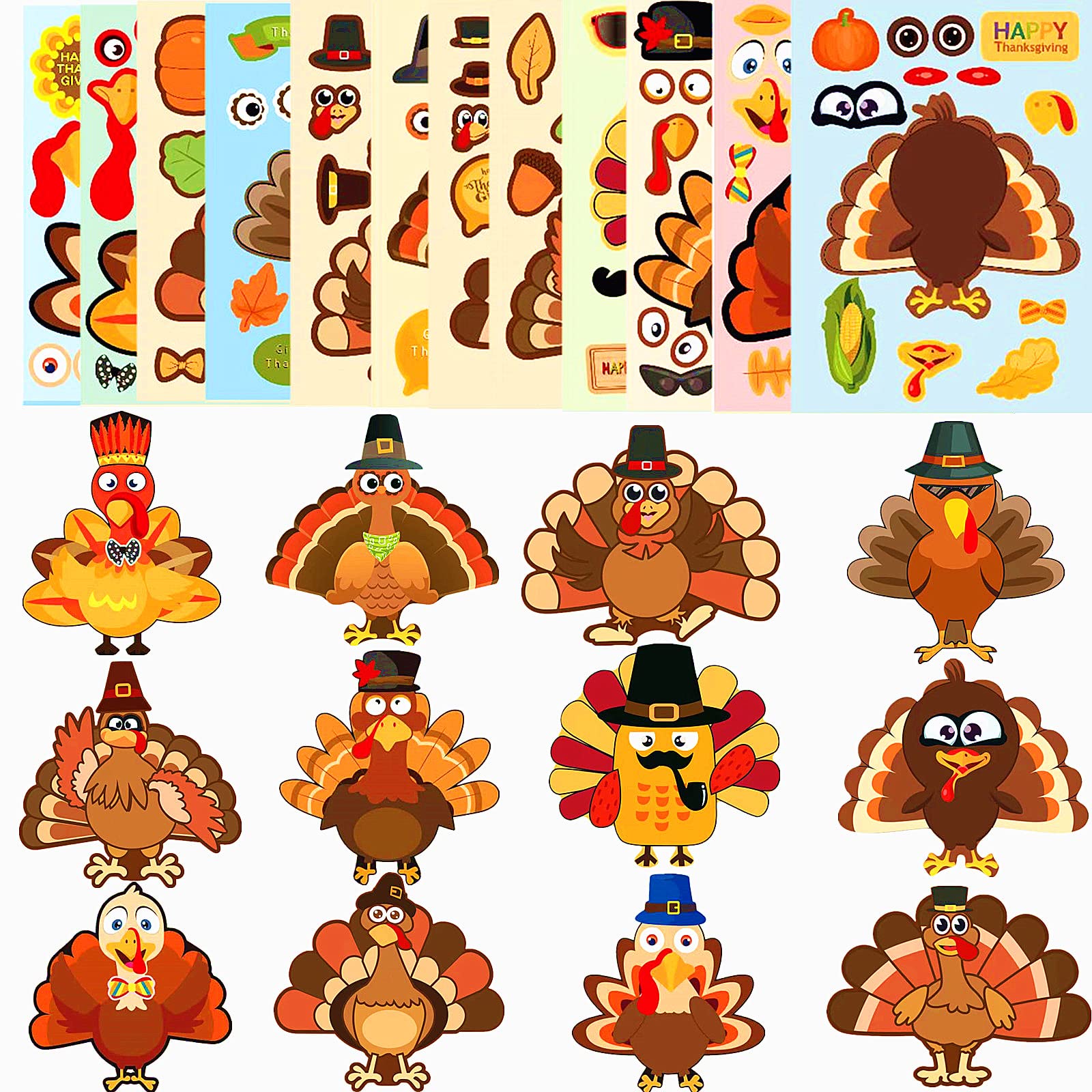 Amazon.com: 36 Sheets Thanksgiving Make-A-Turkey Stickers, Thanksgiving ...