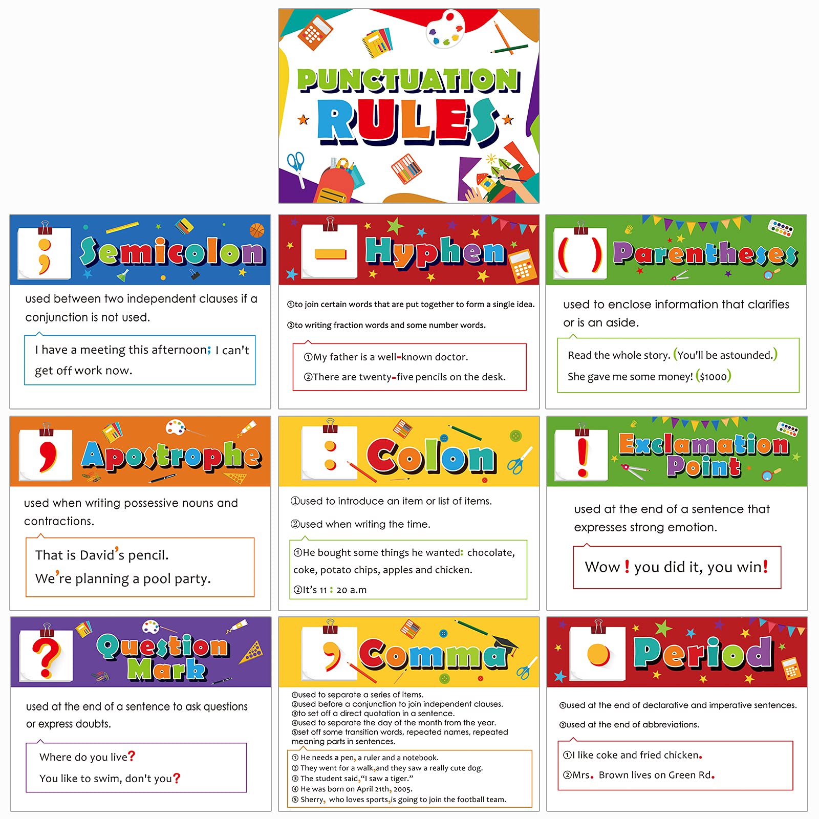 11 Pieces Punctuation Rules Poster For Classroom Laminated Educational ...