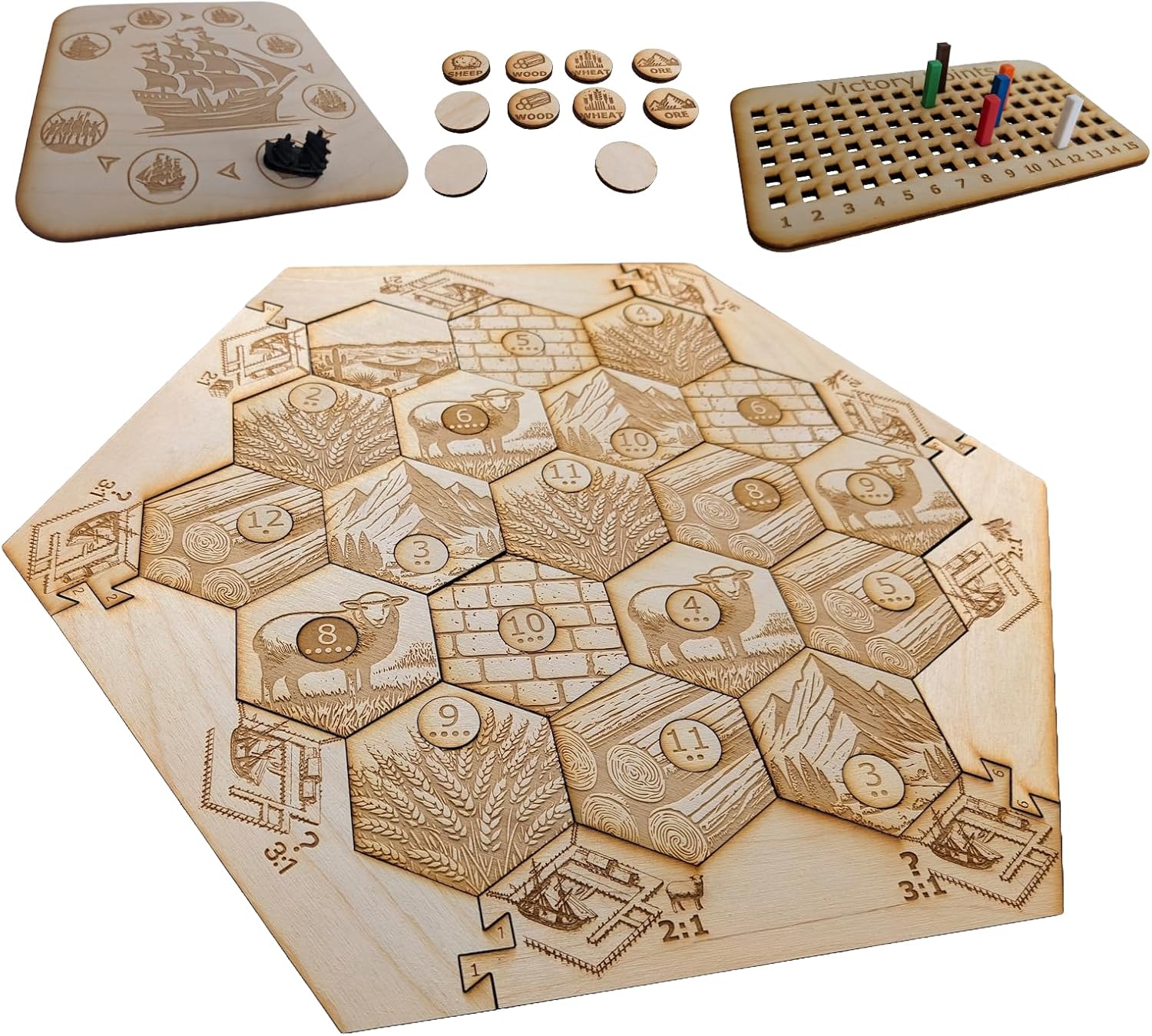 Amazon.com: Natural Wood Game Tiles for use with Settlers of Catan. 2-4 ...