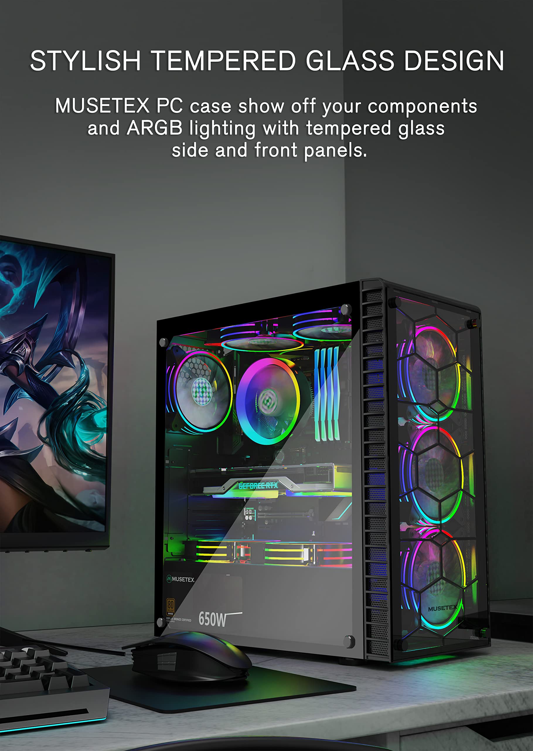 MUSETEX ATX PC Case Mid-Tower with 6pcs 120mm ARGB Fans, Computer ...