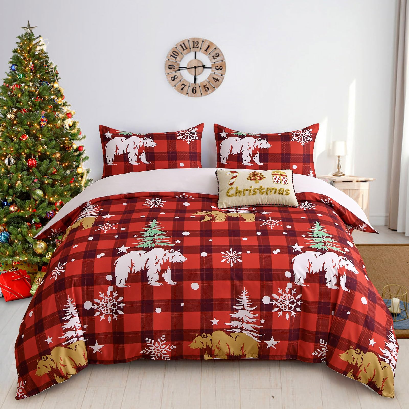Amazon.com: Dobuyly Christmas Duvet Cover Queen Size, Red Plaid ...
