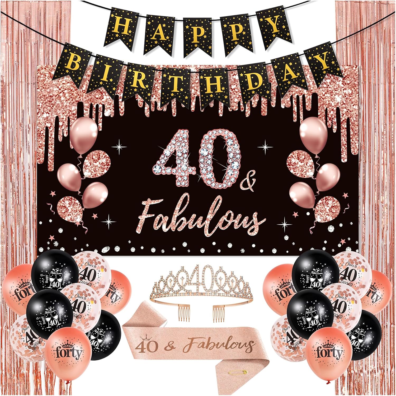 Amazon.com: 40th Birthday Decorations for Women,Black Rose Gold 40th ...