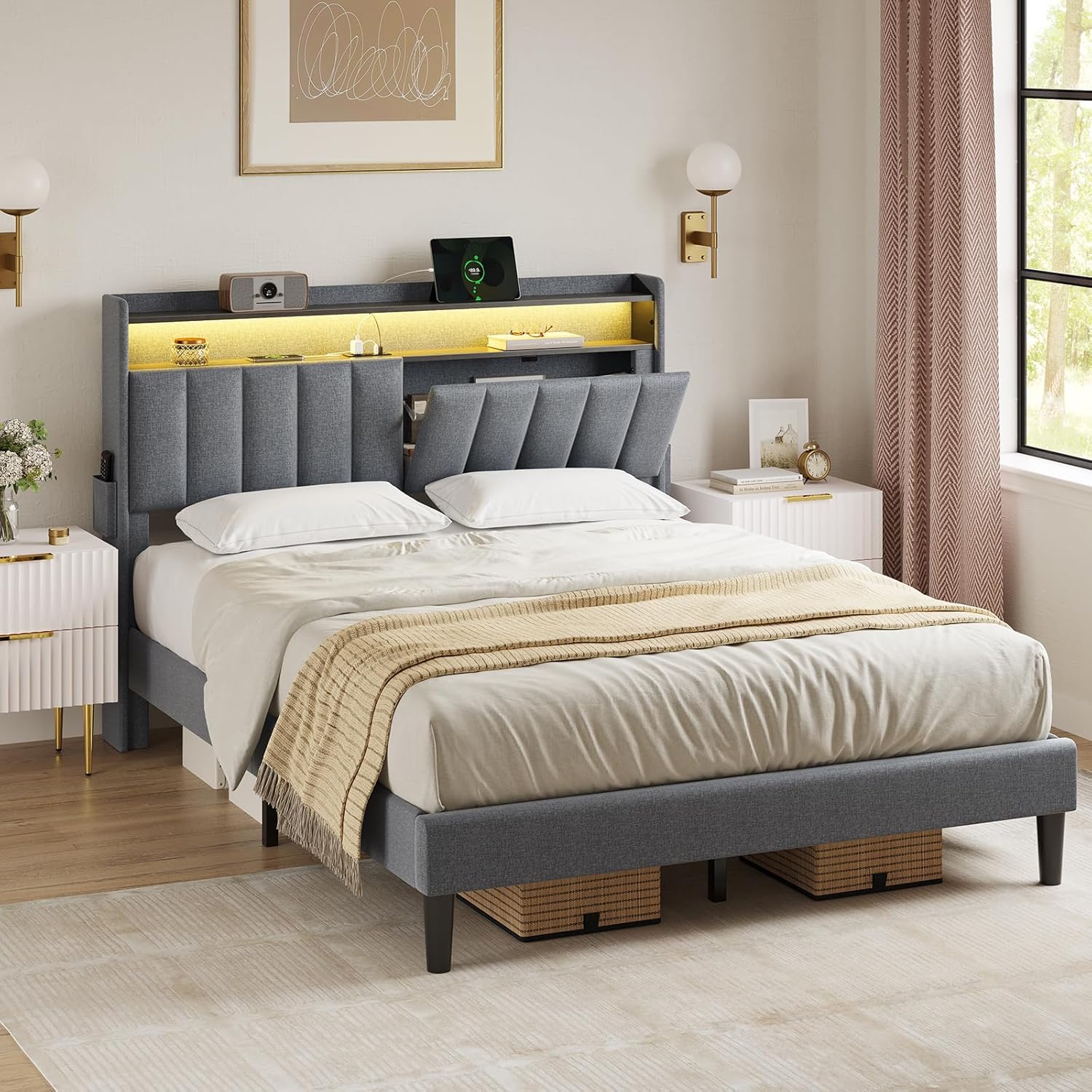 Amazon.com: FYRENA Full Bed Frame with Storage Headboard & Footboard ...