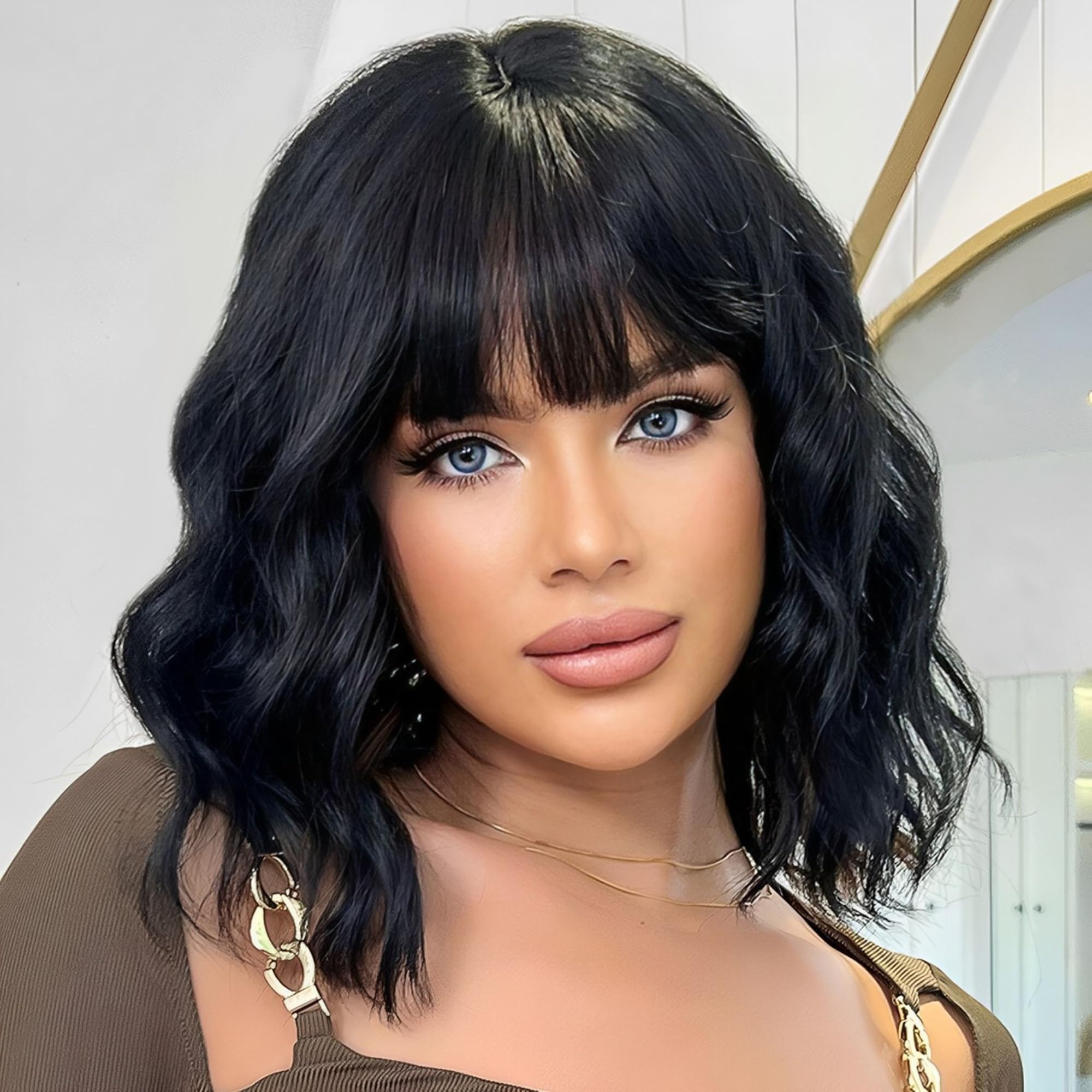 Amazon.com : Miuric Wigs for Women Wavy Short Black Wig with Bangs ...