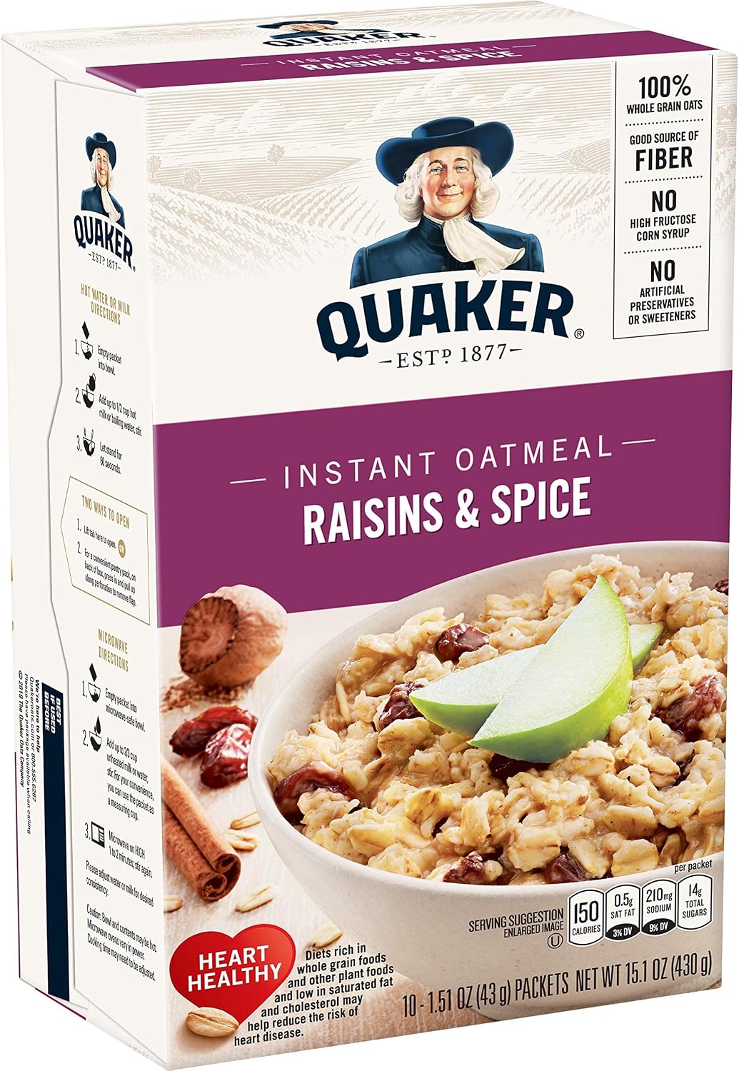Quaker Instant Oatmeal Raisin & Spice, 10-Count 1.51oz Packets (Pack of ...