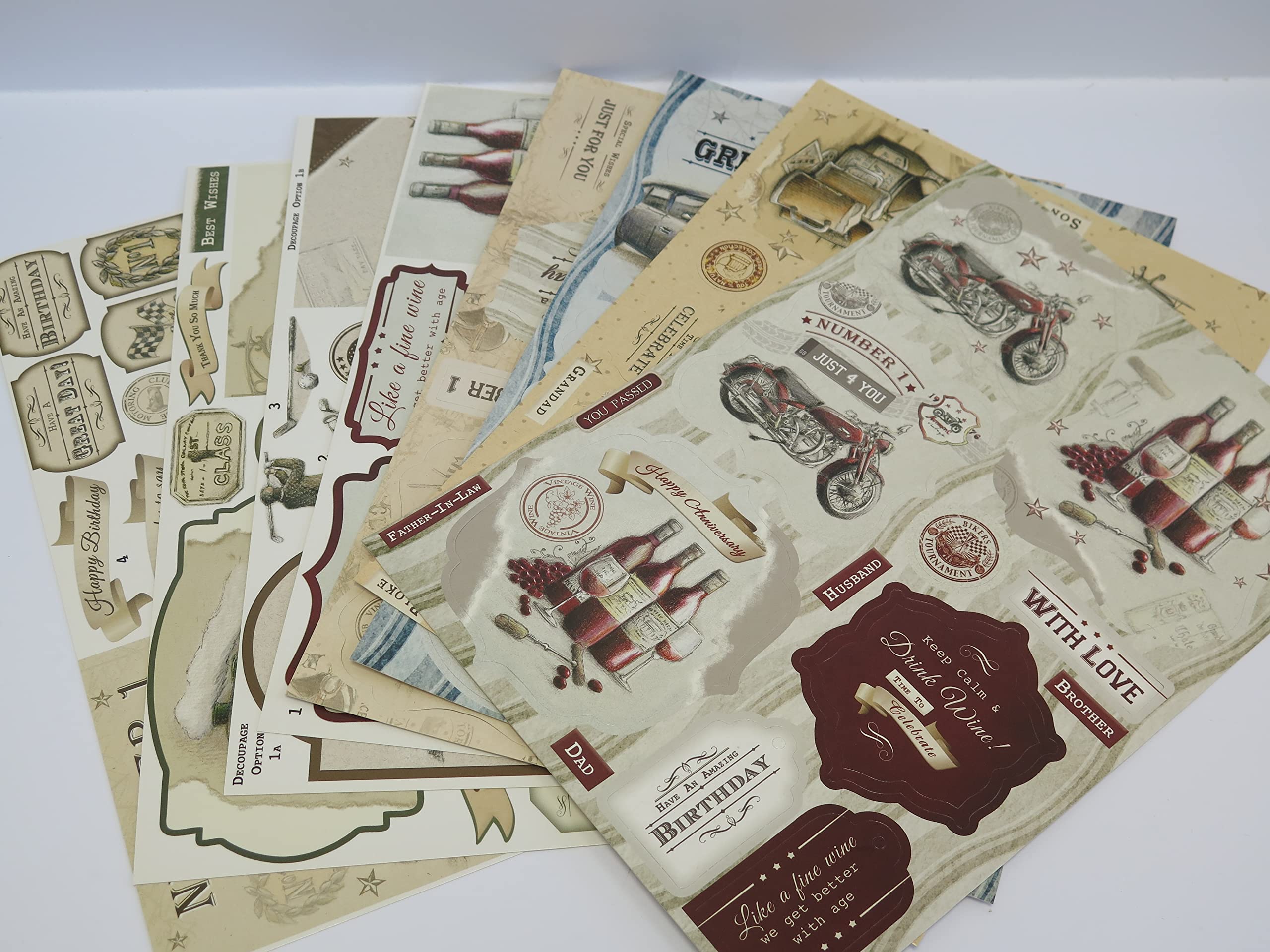 4 x A4 Debbi Moore Die Cut Card Toppers for Men & 4 x A4 Decoupage Card ...