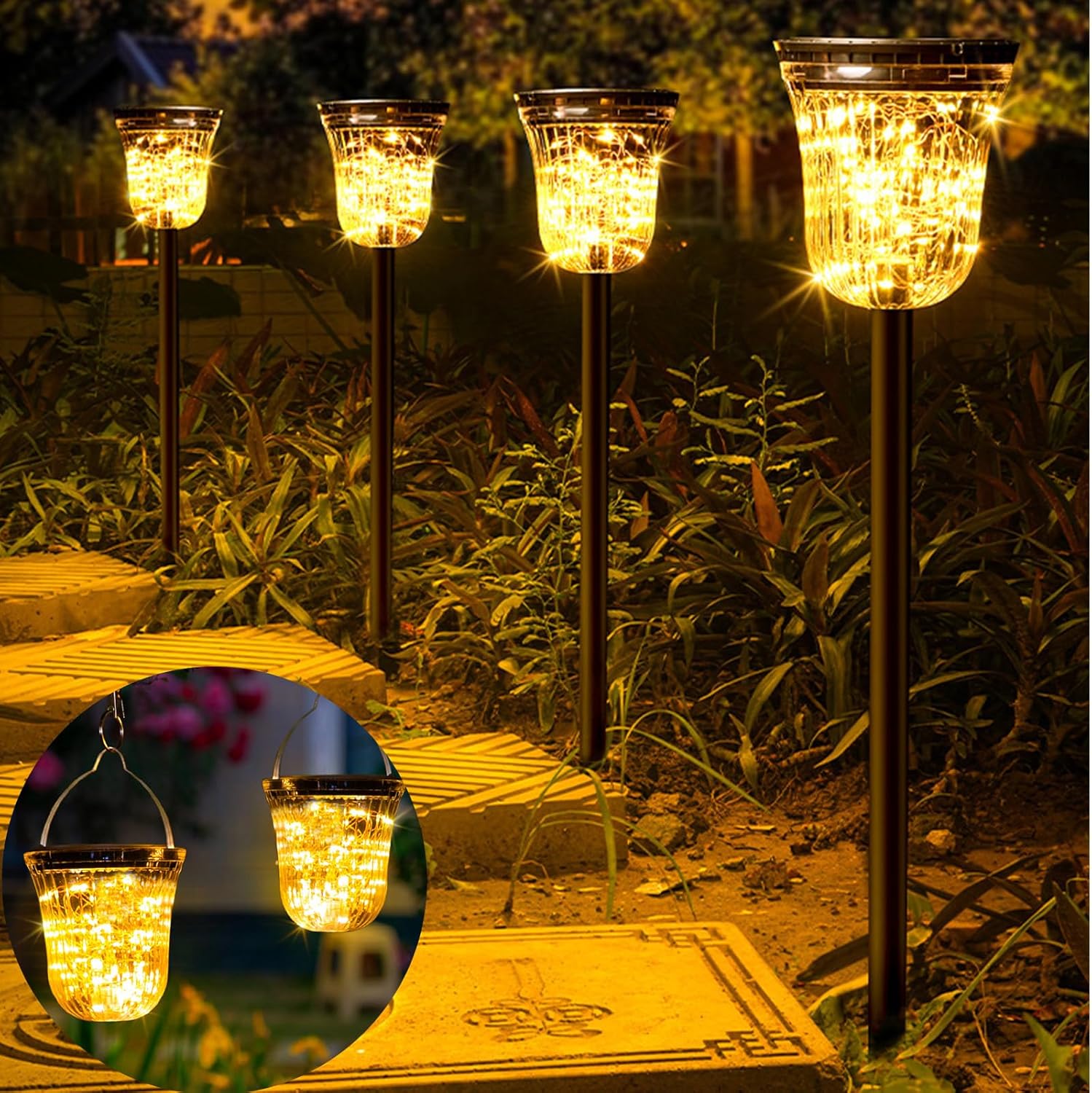 Limonto Solar Pathway Lights Outdoor Waterproof, 4 Pack Hanging Solar ...
