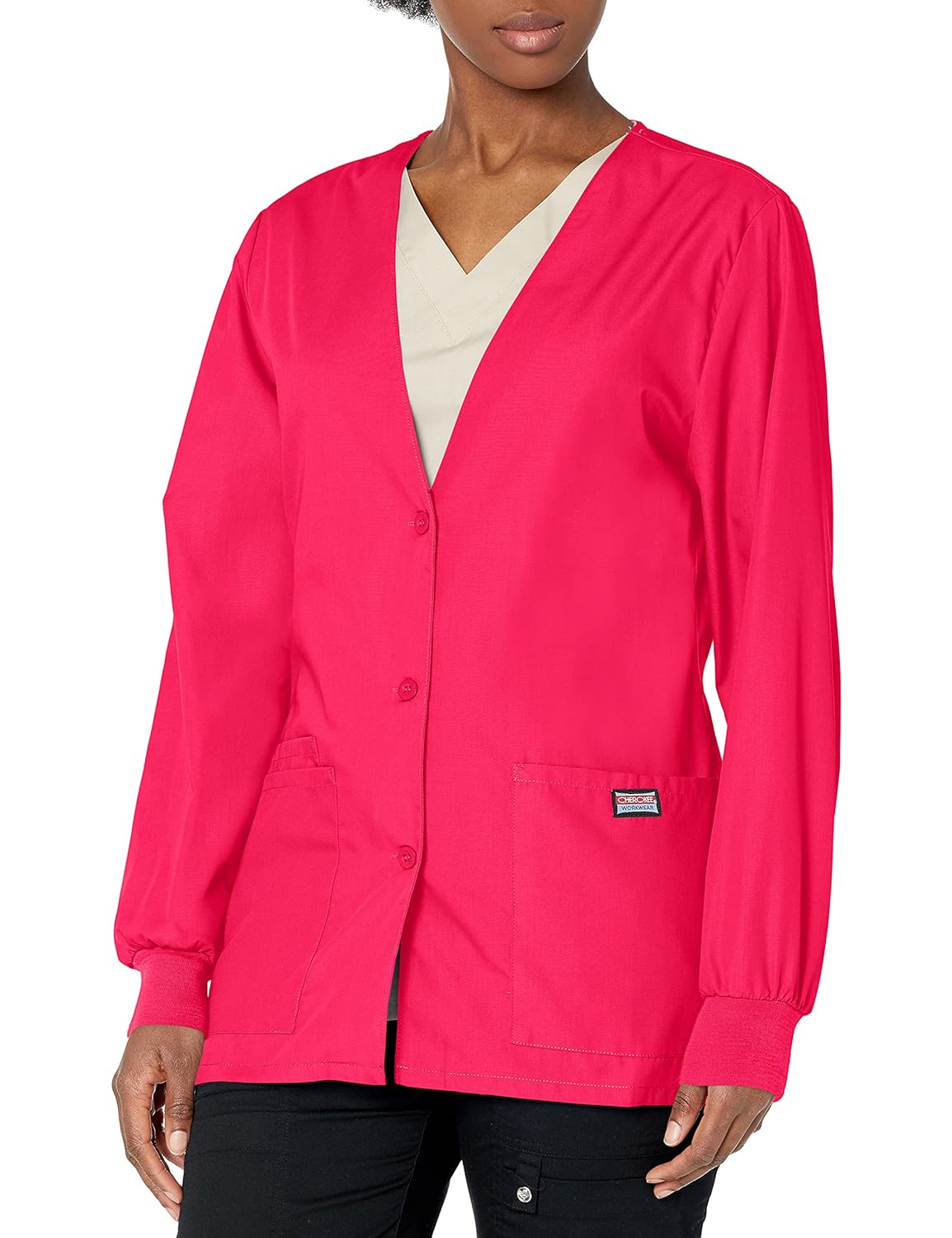CHEROKEE Women's Workwear Scrubs Cardigan Warm-Up Jacket, Raspberry, X ...