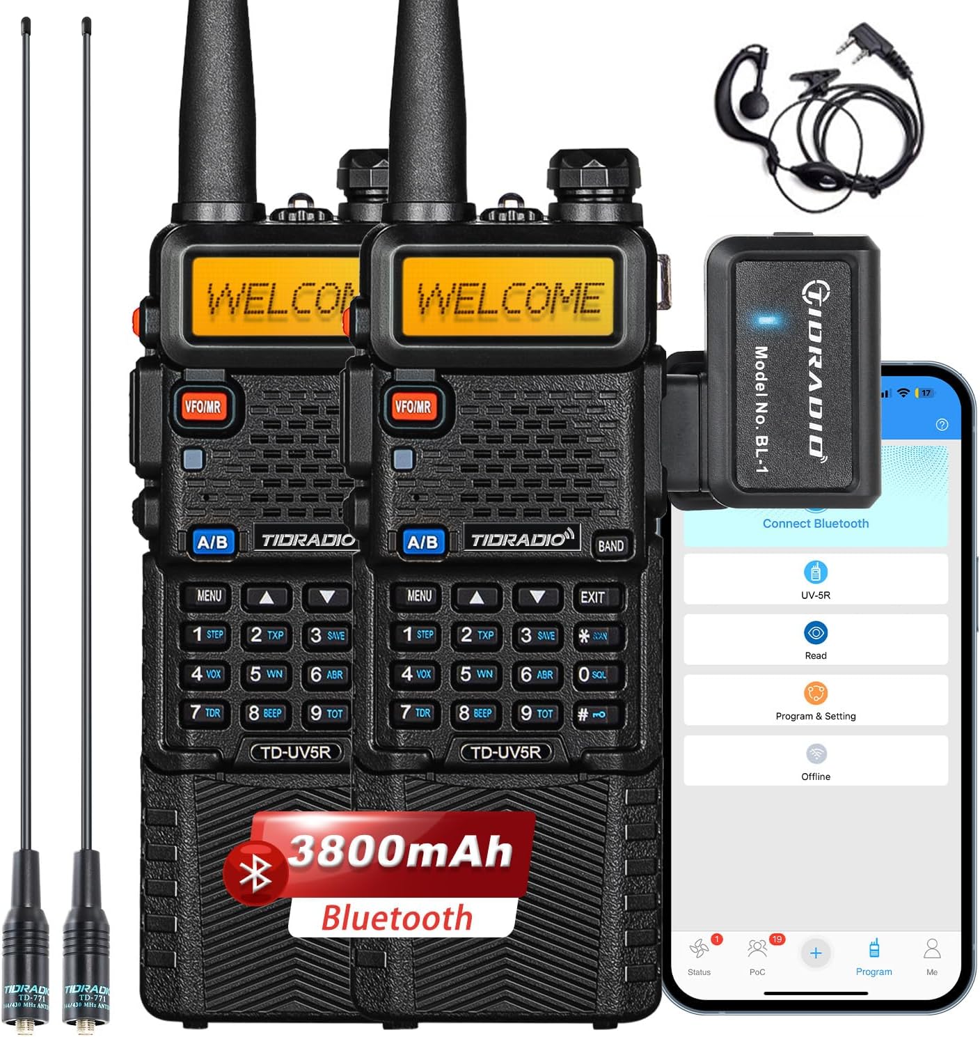 Amazon.com: TIDRADIO UV-5R Ham Radio Handheld with Wireless Programmer Dual Band Two Way Radio ...