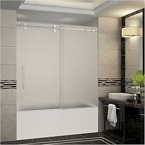 Aston Langham 56" to 60" x 60" Completely Frameless Tub-Height Sliding Shower Door in Frosted ...