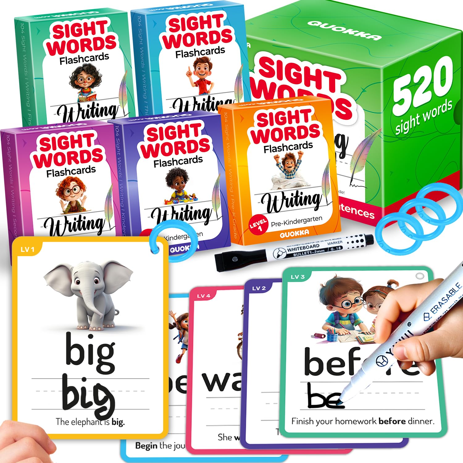 Amazon.com: QUOKKA 520 Sight Words Flash Cards for Kids - 5 Levels from ...