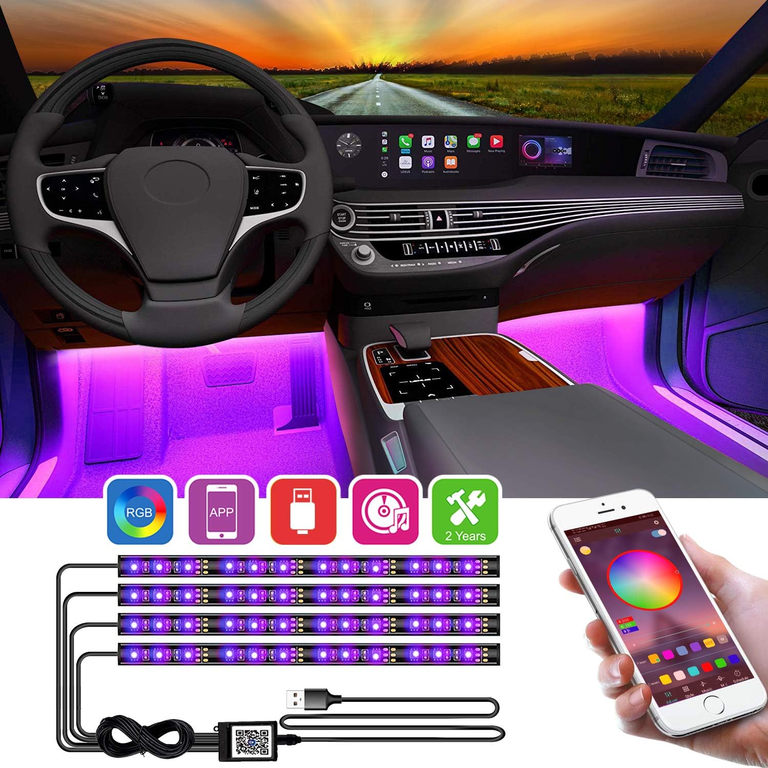 Govee LED-auto-interieurverlichting, 4-delige 48 LED-auto-LED-strip ...
