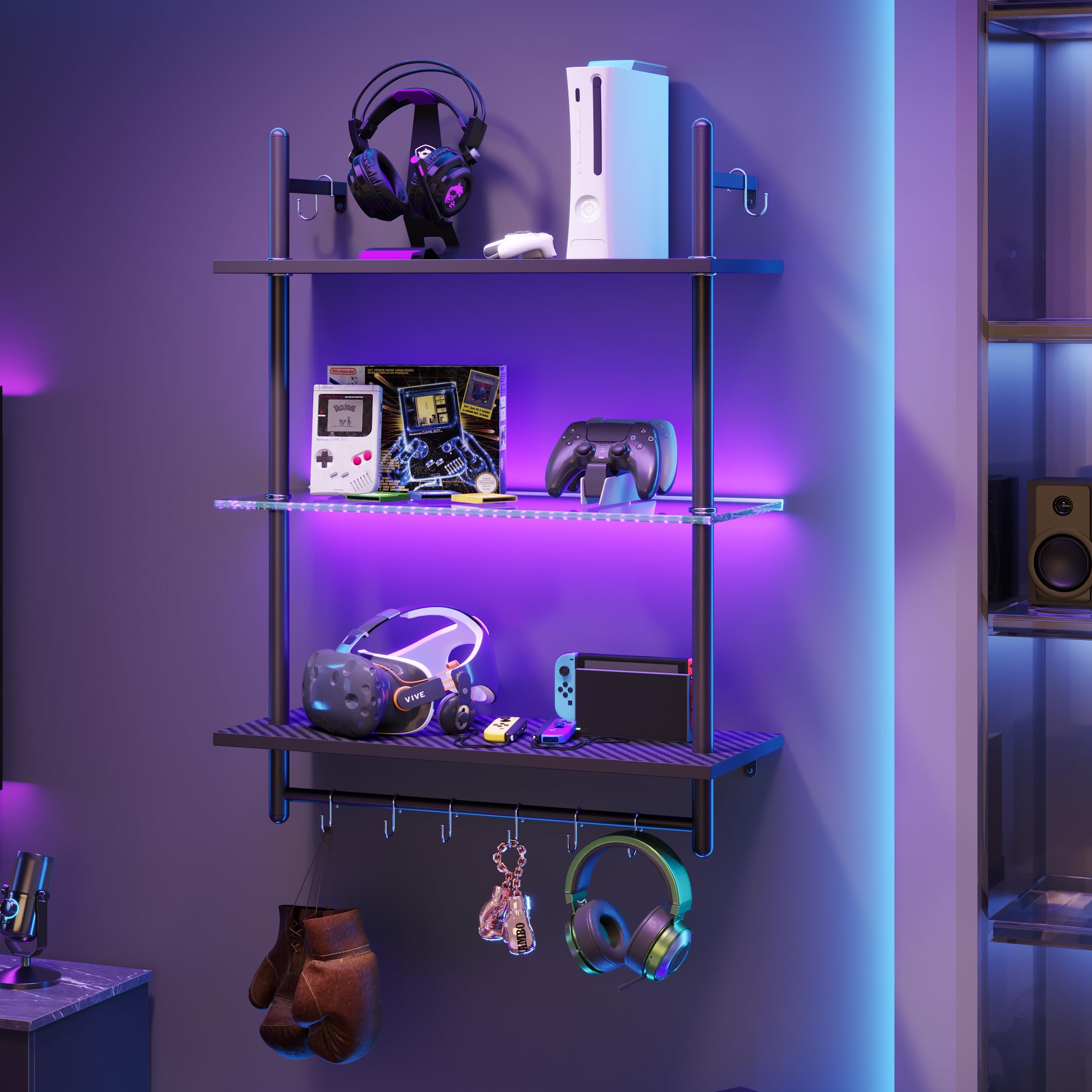 Bestier Gaming Floating Shelves, 23” LED Wall-Mounted Shelf with Towel ...