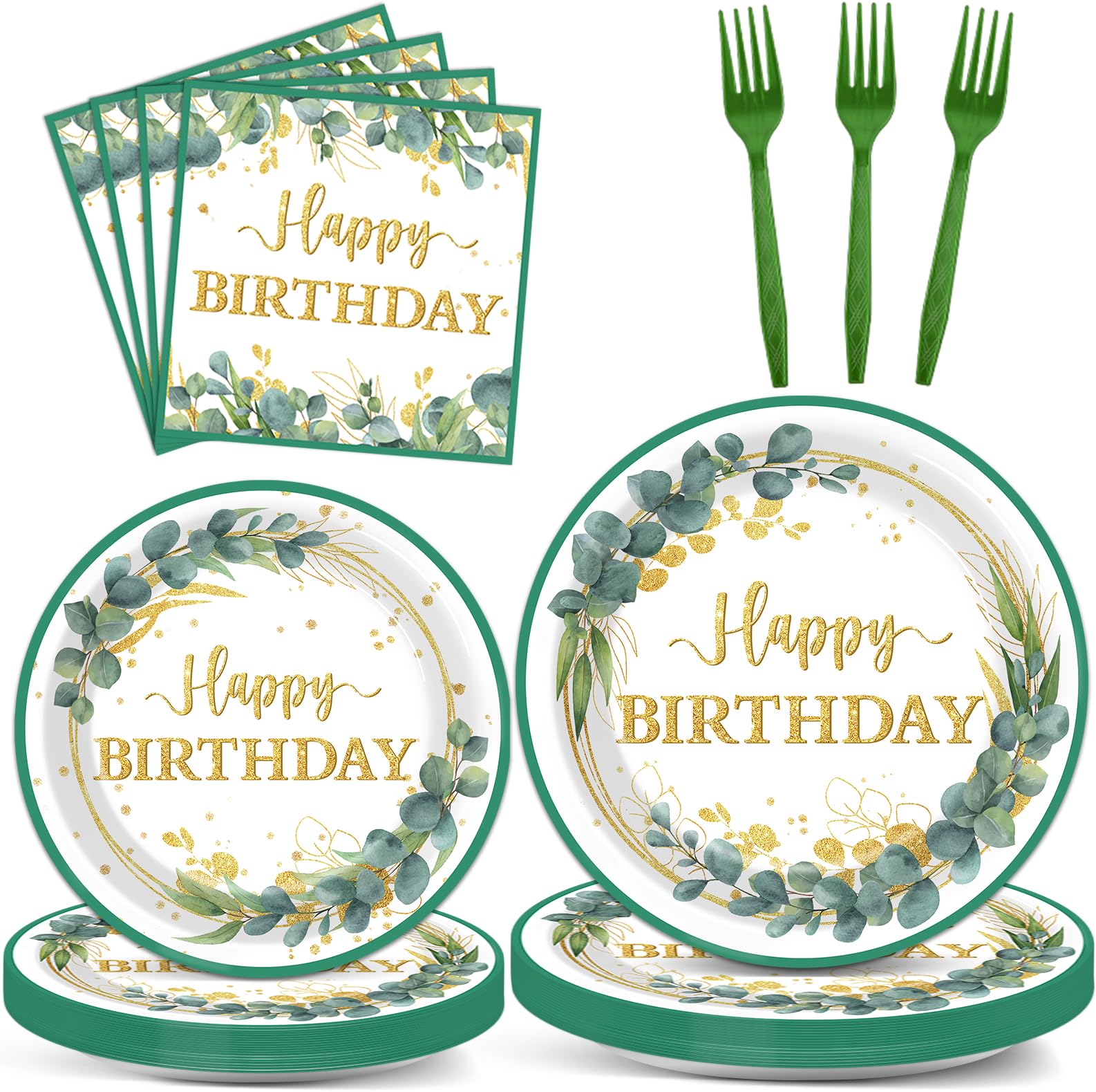 Amazon.com: 96 Pieces Greenery Eucalyptus Happy Birthday Plates ...