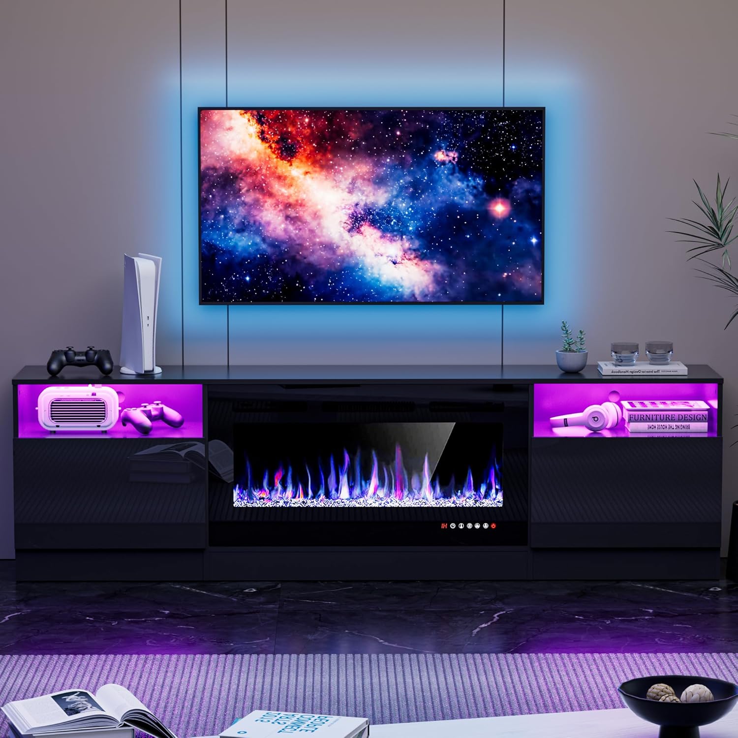 Amazon.com: AHB Fireplace TV Stand 80 Inch, LED Light Entertainment ...