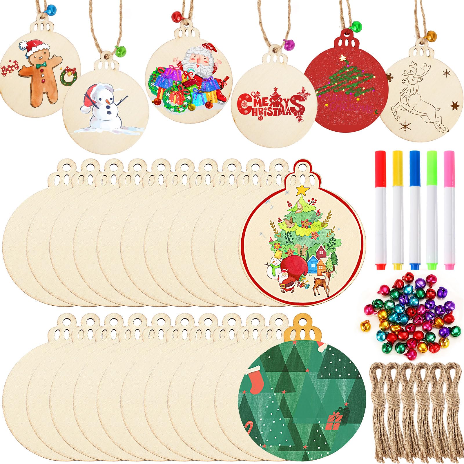 Amazon.com: 50pcs Christmas Round Wooden Ornaments DIY Unfinished Wood ...