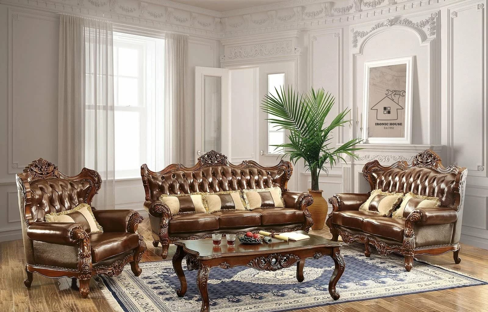 Sala Set Furniture Wood Carving White Modern 3 Seater Royal Carved