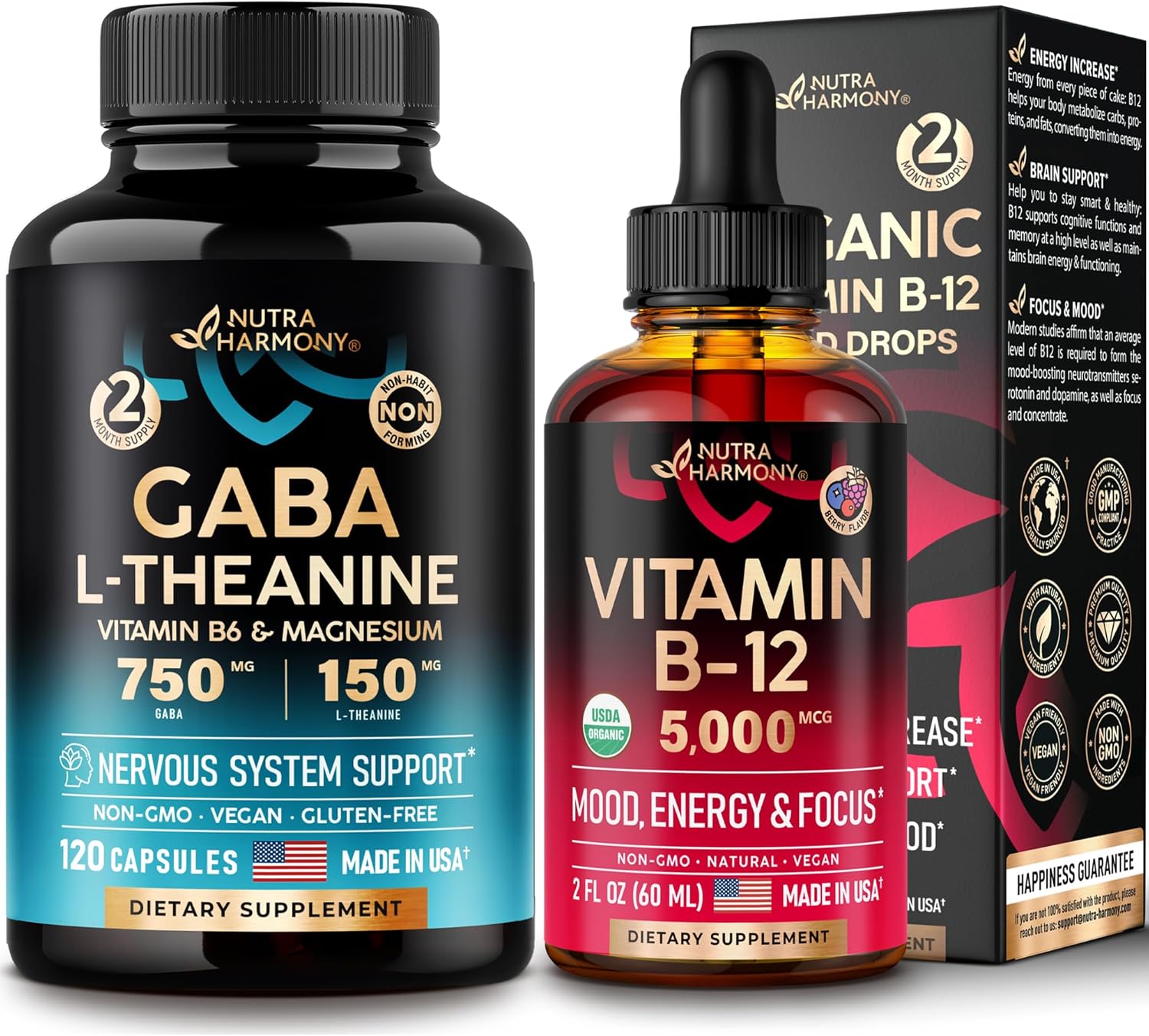 Amazon.com: NUTRAHARMONY GABA with L-Theanine Capsules & Organic Vitamin B12 Drops : Health ...