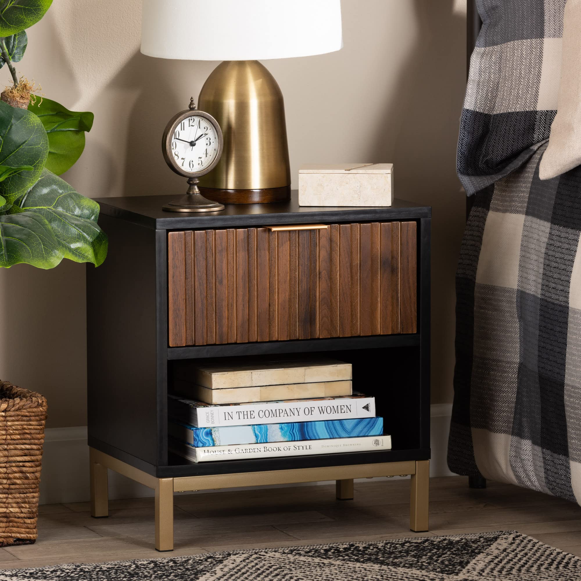 Baxton Studio Uriel Nightstands, Natural Brown/Black/Gold