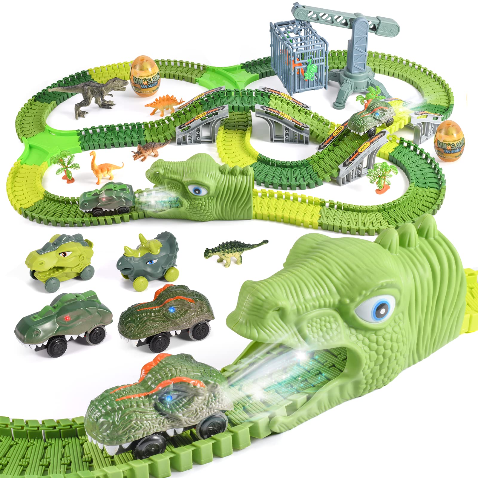 Dinosaur Toys, EchoPlan 309PCS Dinosaur Race Car Track Train with 4 ...