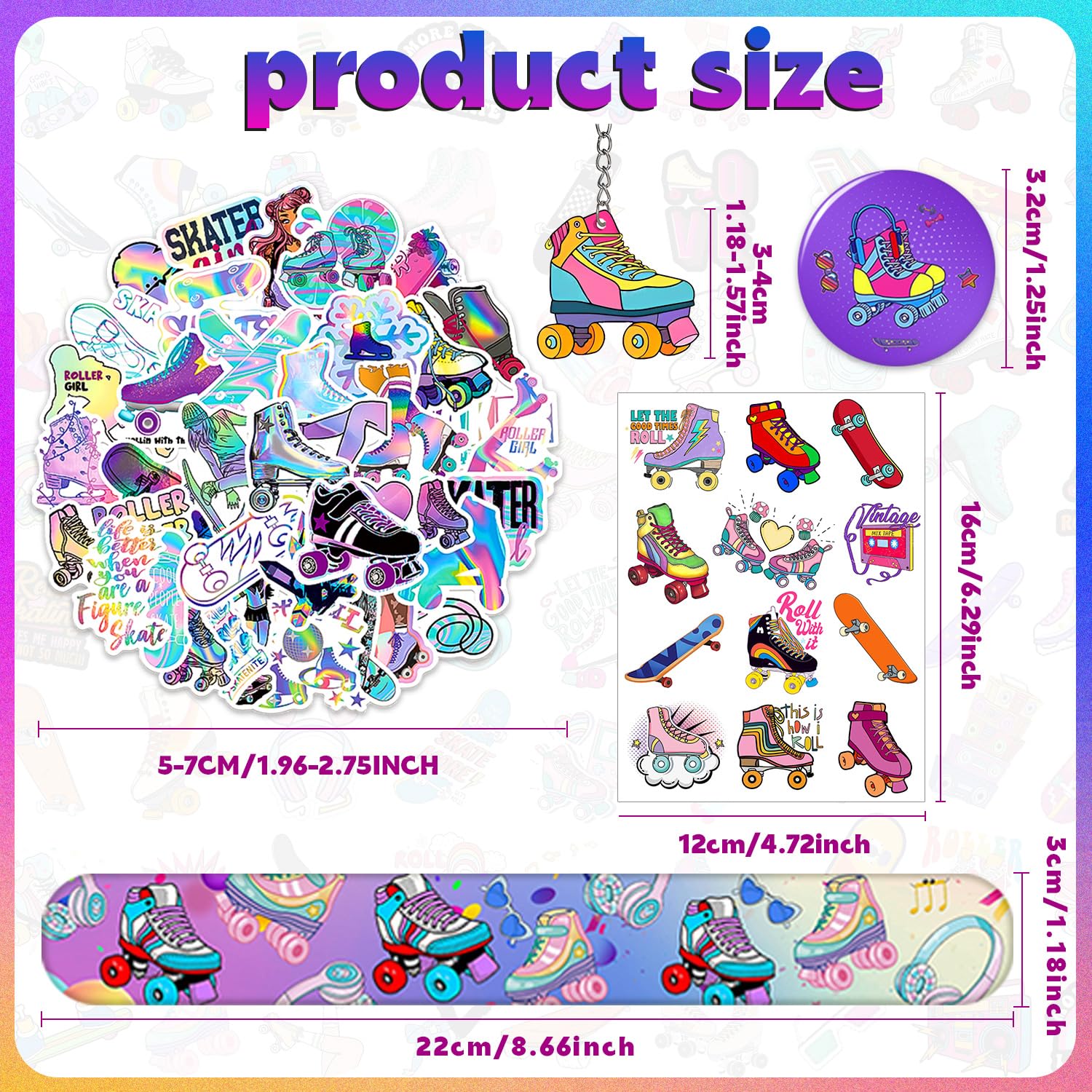Snapklik.com : Roller Skate Party Favors 98PCS Slap Bracelets, Stickers ...