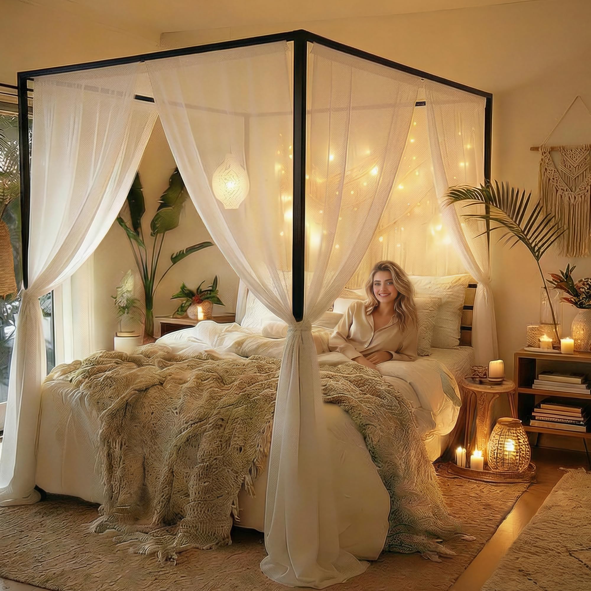 YITAHOME Metal Four Poster Canopy Bed Frame 14 Inch Platform with Built ...