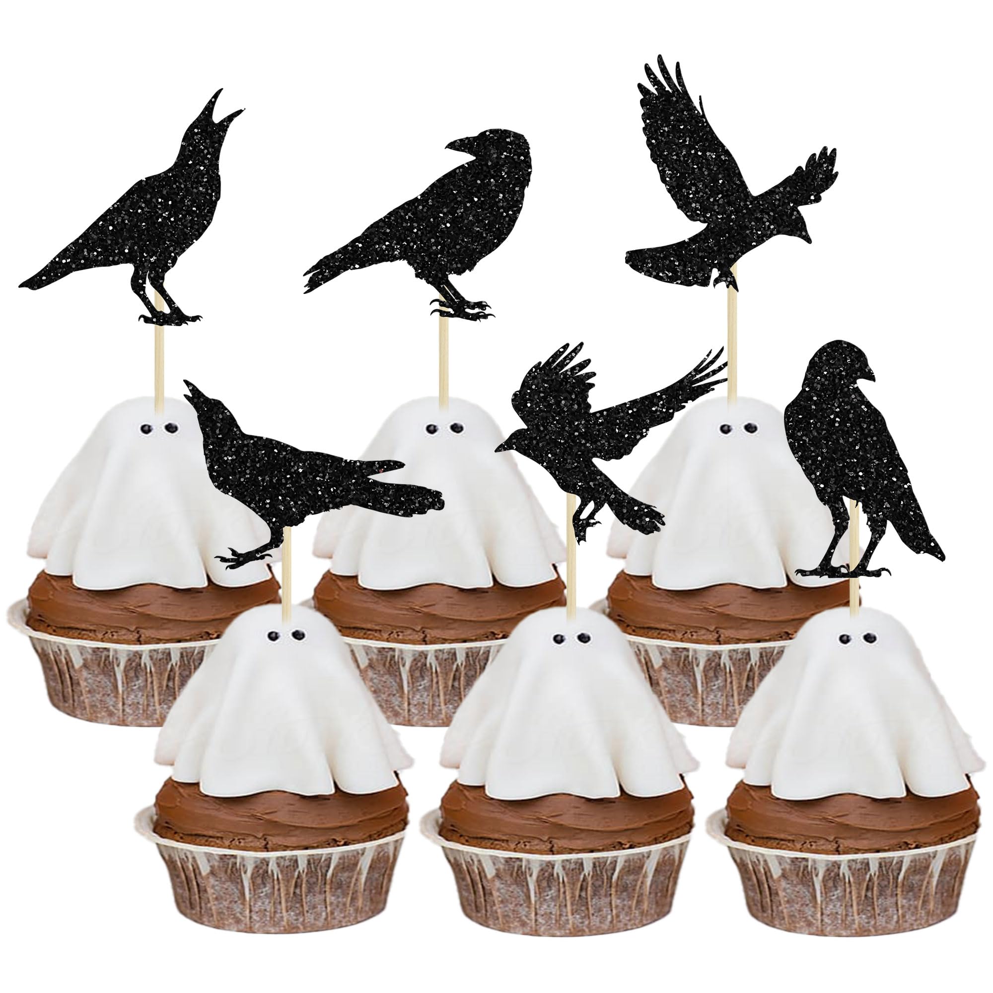 Amazon.com: 24Pcs Black Crow Cupcake Toppers Glitter Raven Halloween ...