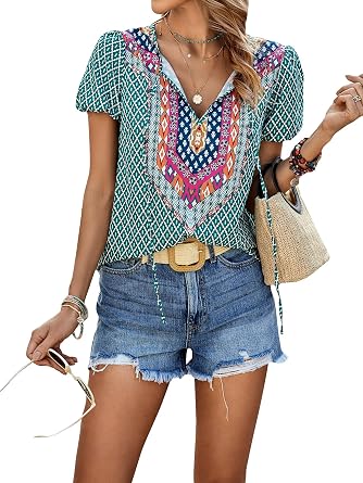 Floerns Women's Boho Geo Print V Neck Tunic Shirt Tops Puff Short ...