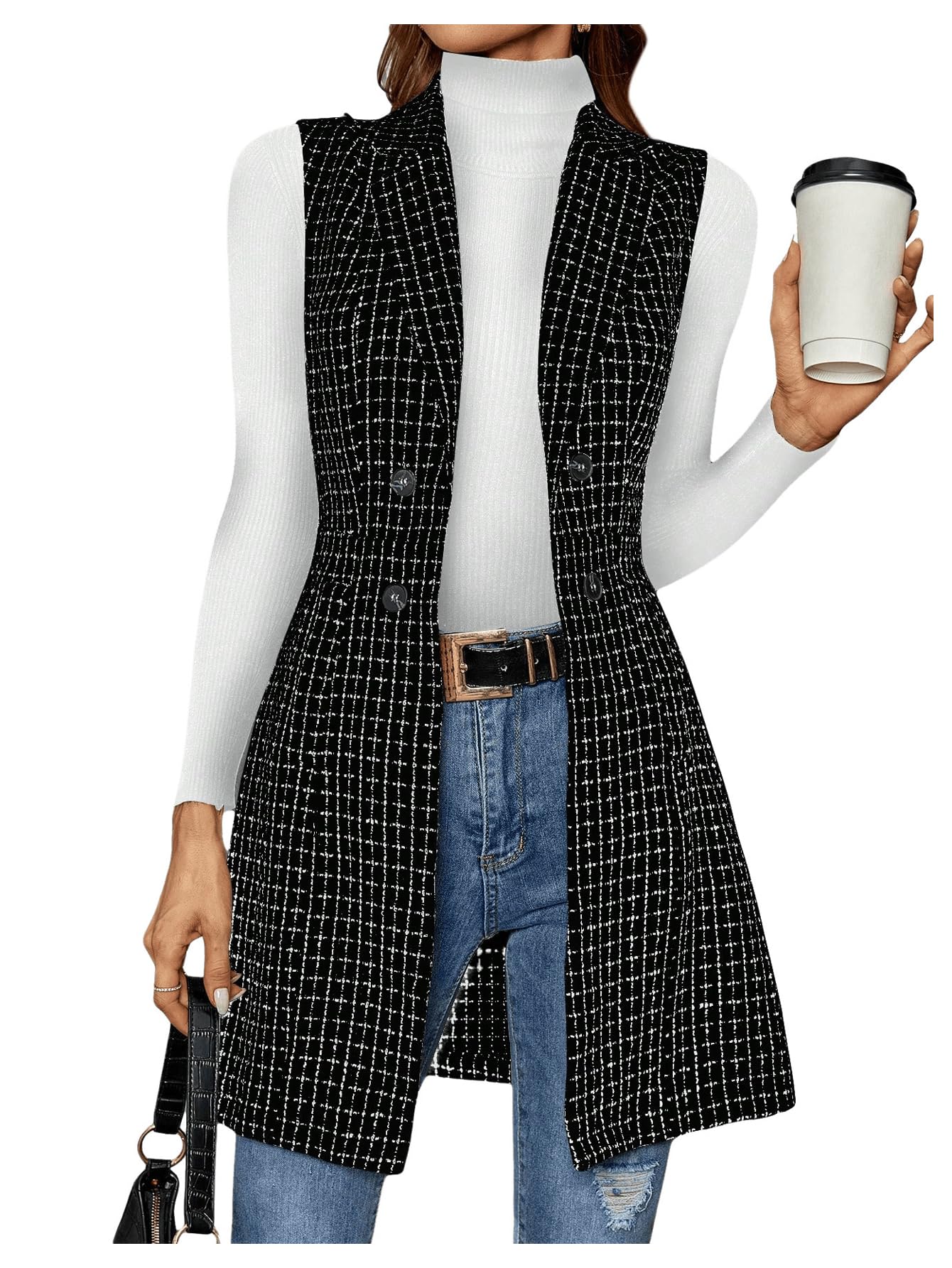 GORGLITTER Women's Plaid Sleeveless Long Vest Cardigan Business Casual ...