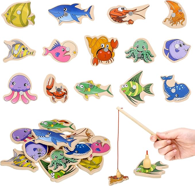 FRIUSATE 15 pieces Magnetic Fishing Game, Wooden Fish Educational Toys ...