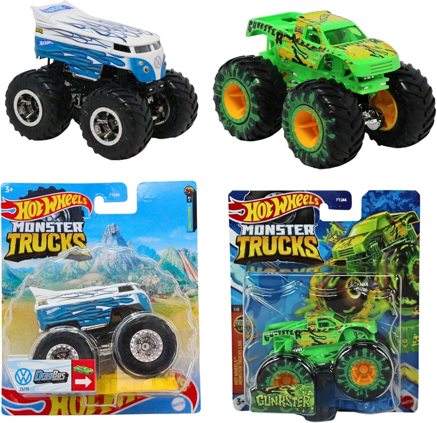 Hot Wheels Monster Trucks - 1:64 Scale Diecast - DragBus & Gunkster ...