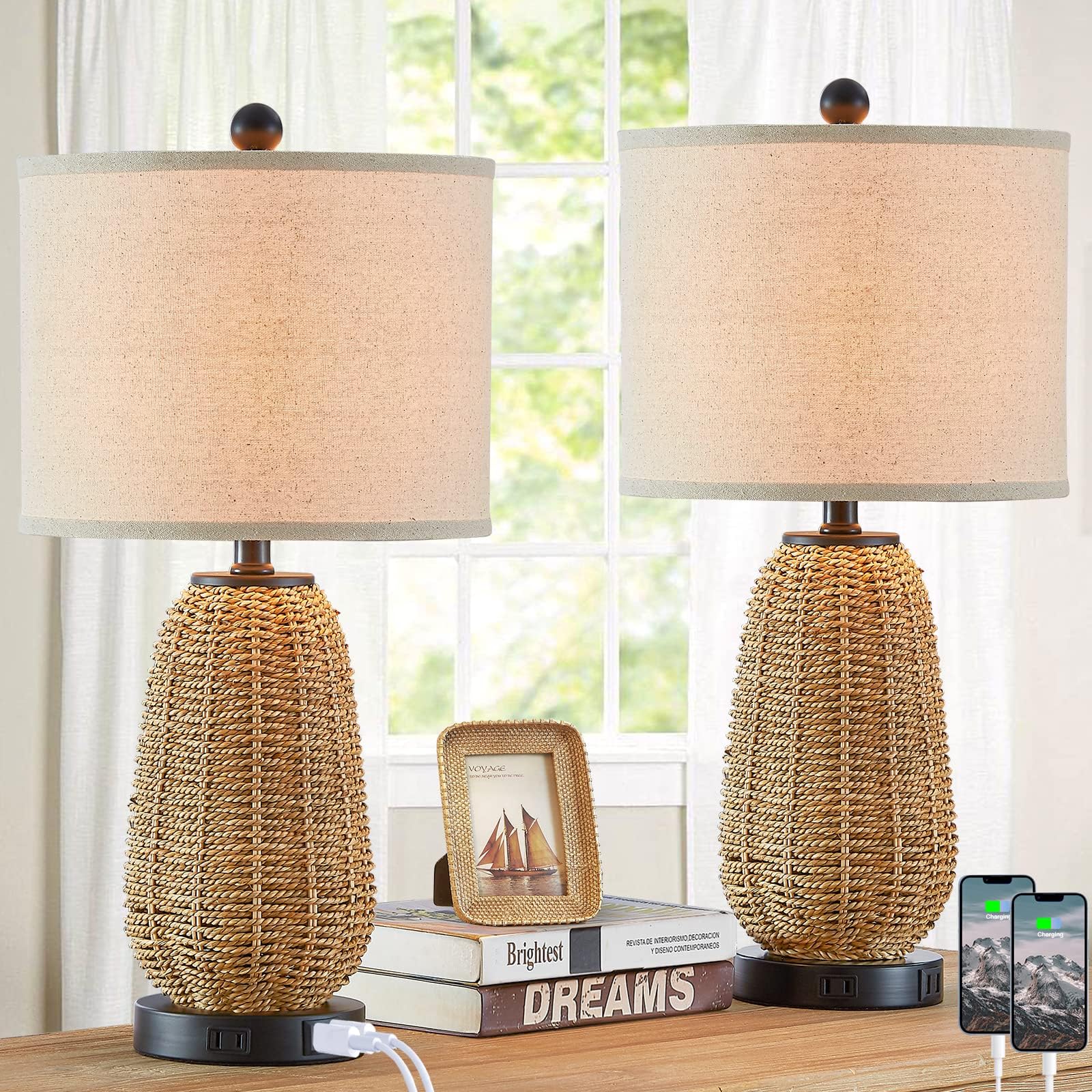 CINSARY Touch Control Rattan Table Lamps, 3 Way Dimmable Bedside Lamps ...