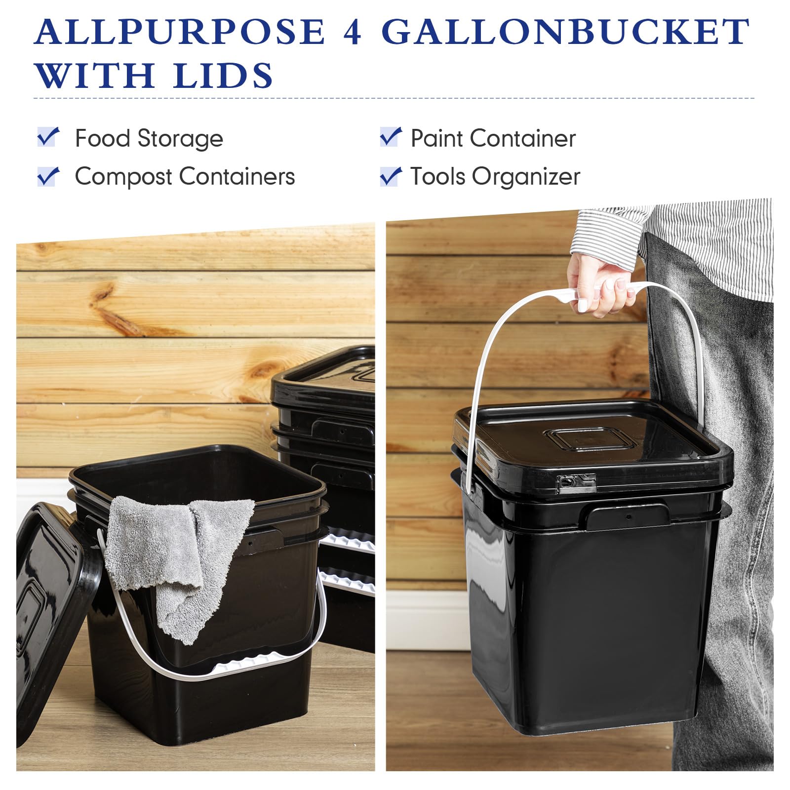 Bokon 2Pack 4 Gallon Square Bucket Pail with Plastic Handles and Lid ...