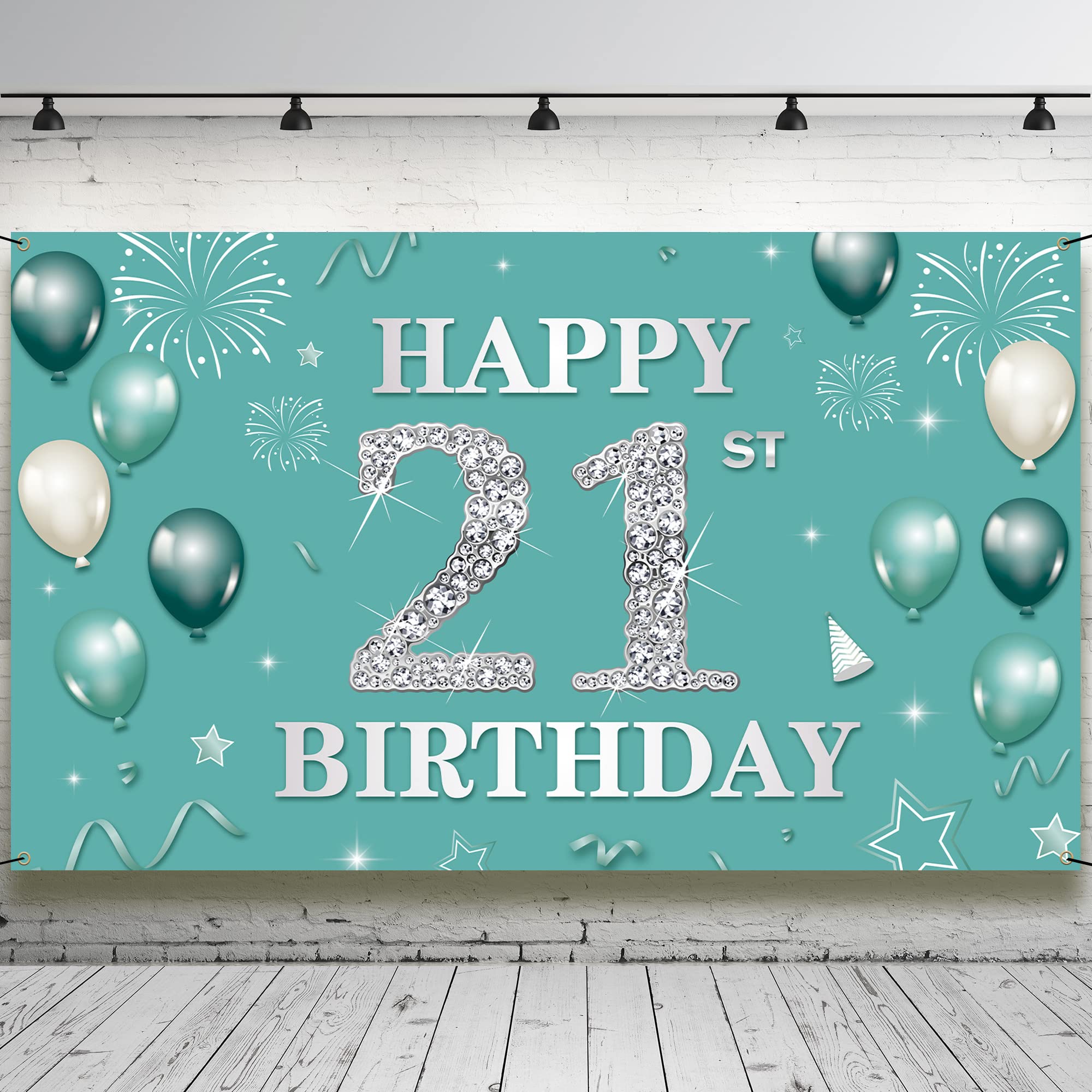 21st Birthday Backdrop Banner, Teal Silver Happy 21st Birthday ...