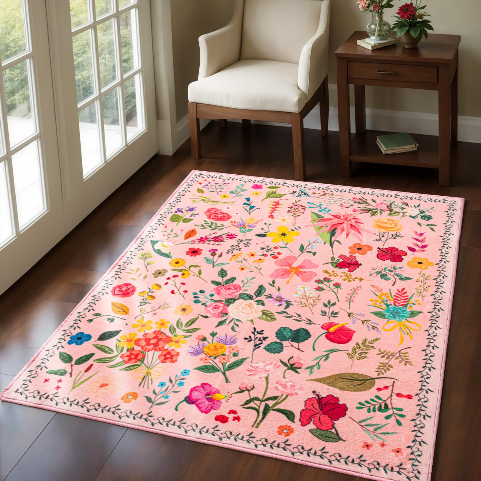 Amazon.com: CRYPTOLITE Area Rug 4x6, Washable Floral Rugs for Living Room, 0.27″ Non Slip Low ...