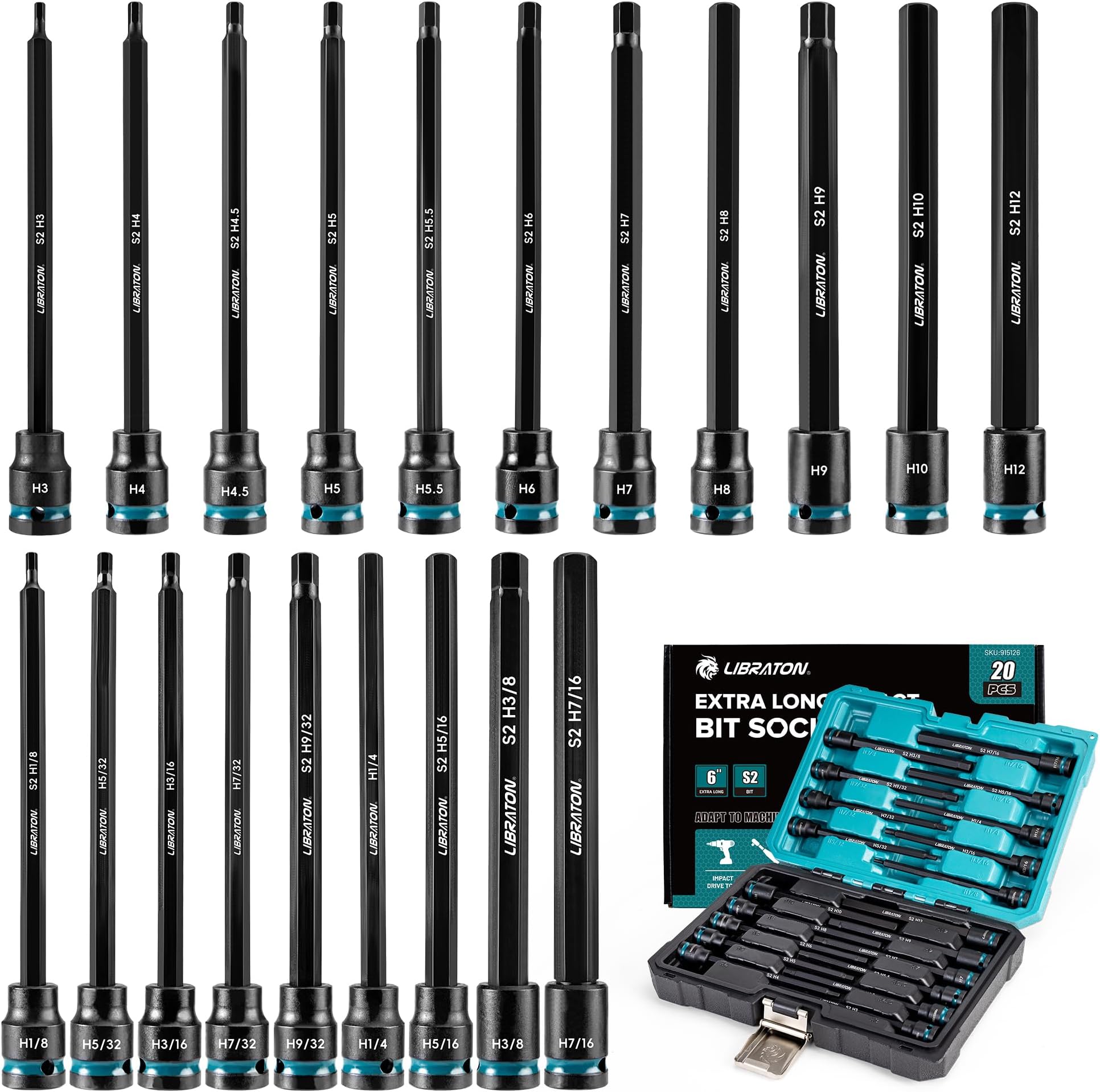 LIBRATON 3/8" Drive Long Impact Hex Bit Socket Set, Allen Bit Sockets ...