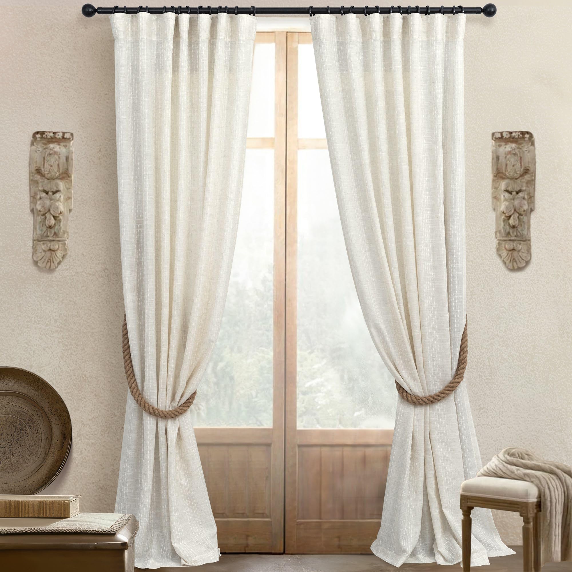 Amazon.com: Cream Linen Patterned Curtain 84 Inch Length for Living ...