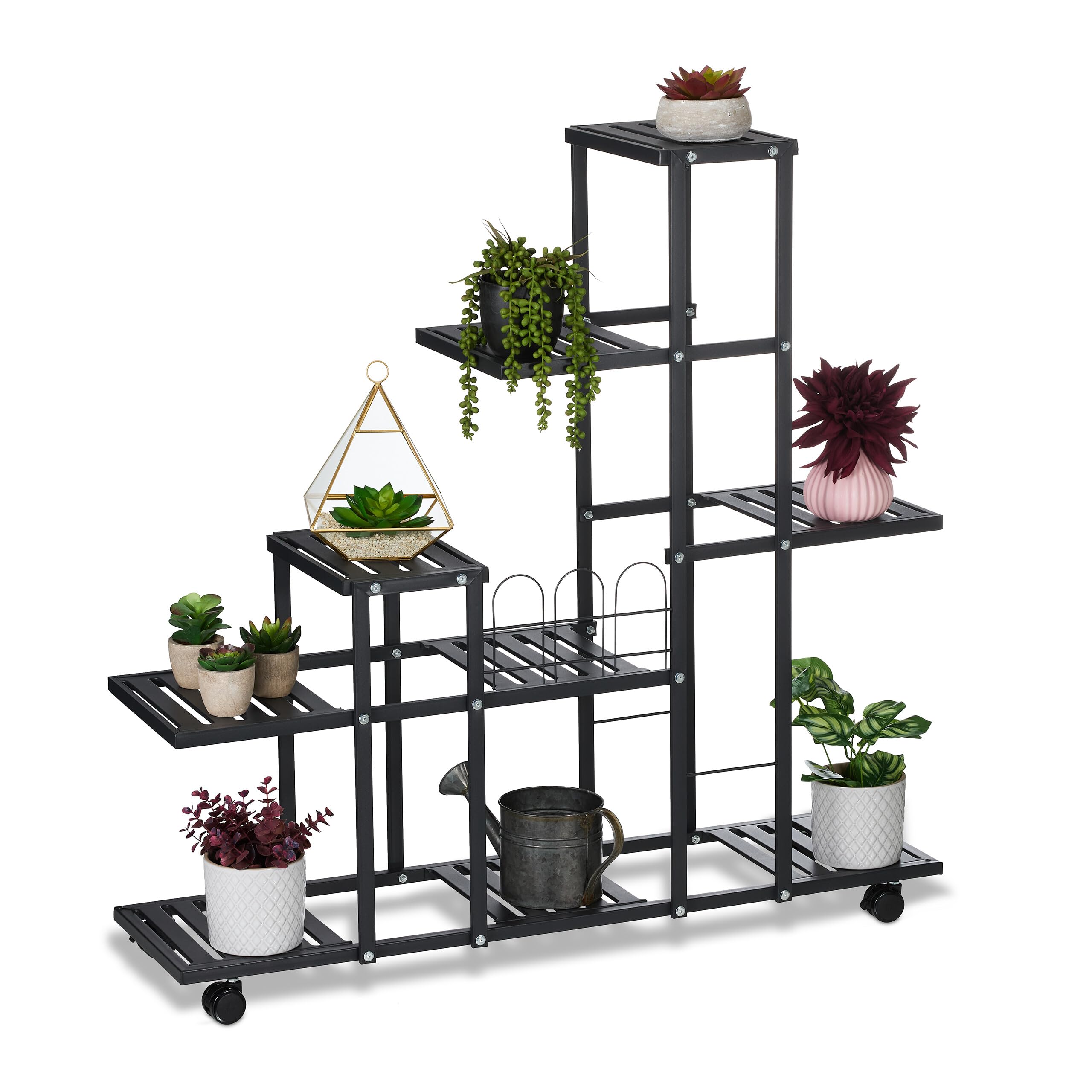 Relaxdays Blumenständer mit Rollen, H x B x T: 91,5 x 93 x 26 cm, Metall, 9 Ablagen ...