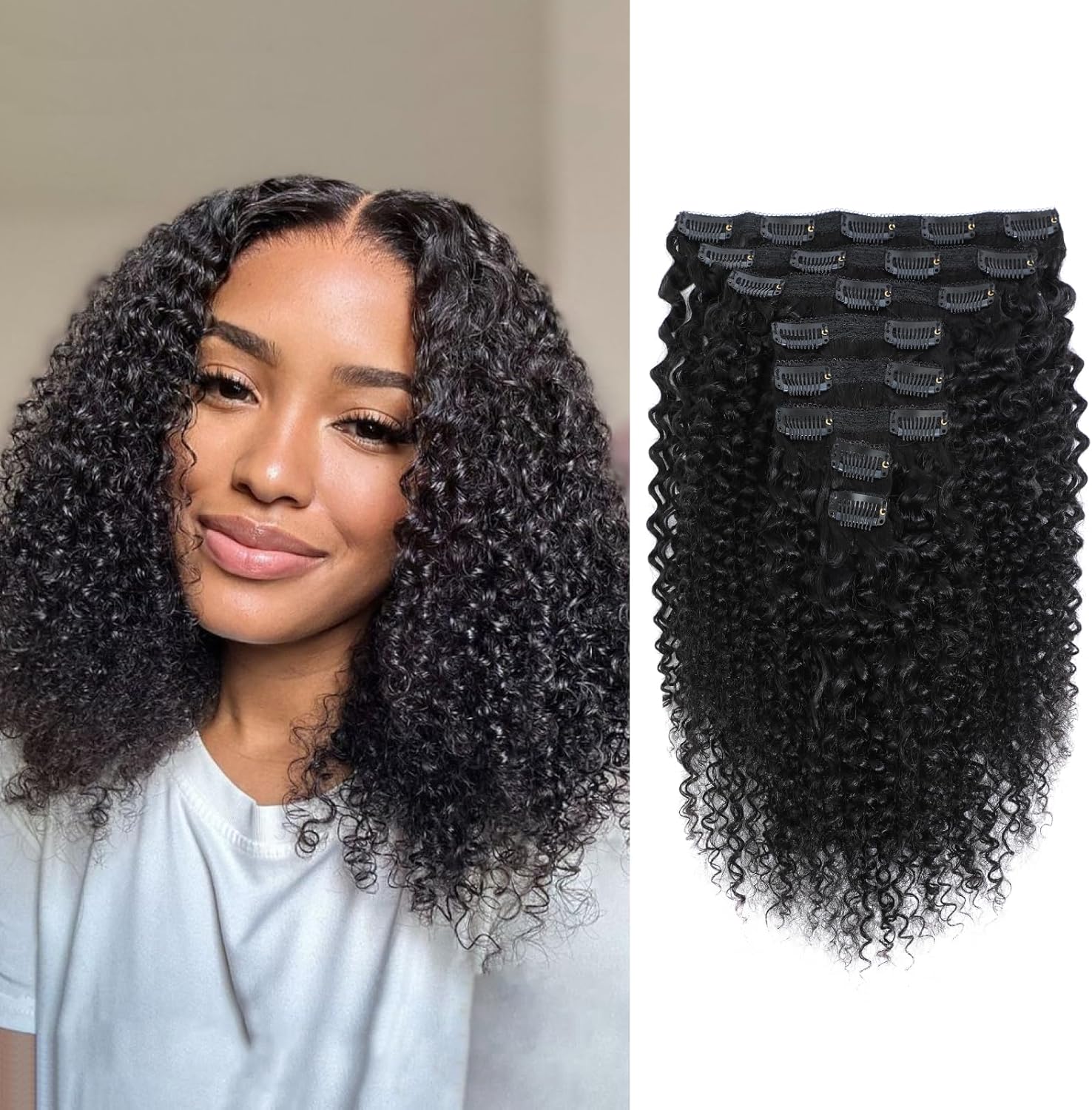 Yacurcur Kinky Curly Clip In Hair Extensions Real Human Hair 3C 4A ...