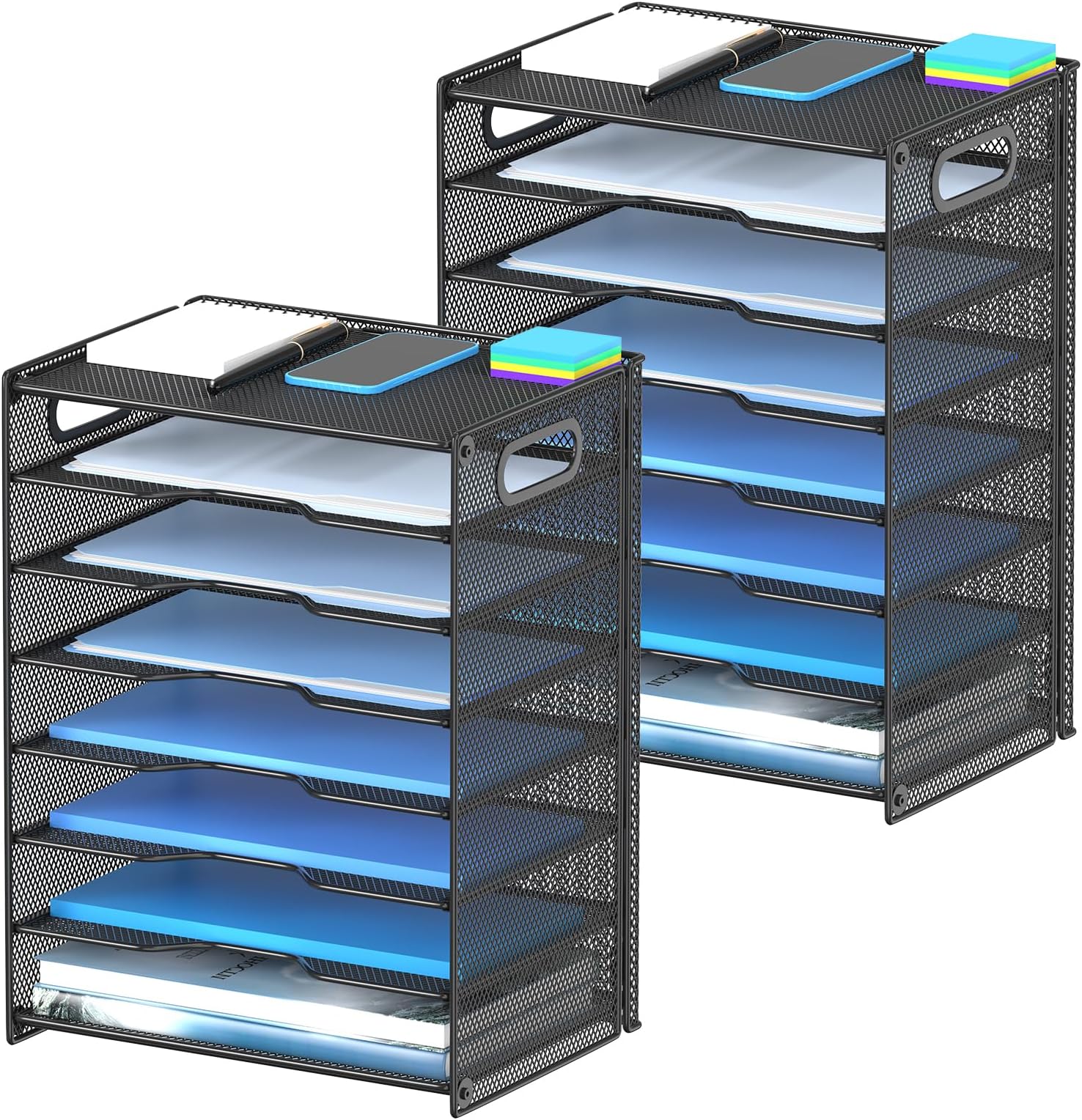 Amazon.com: 2 Pack 9-Tier Paper Organizer Letter Tray with Handle, Mesh ...